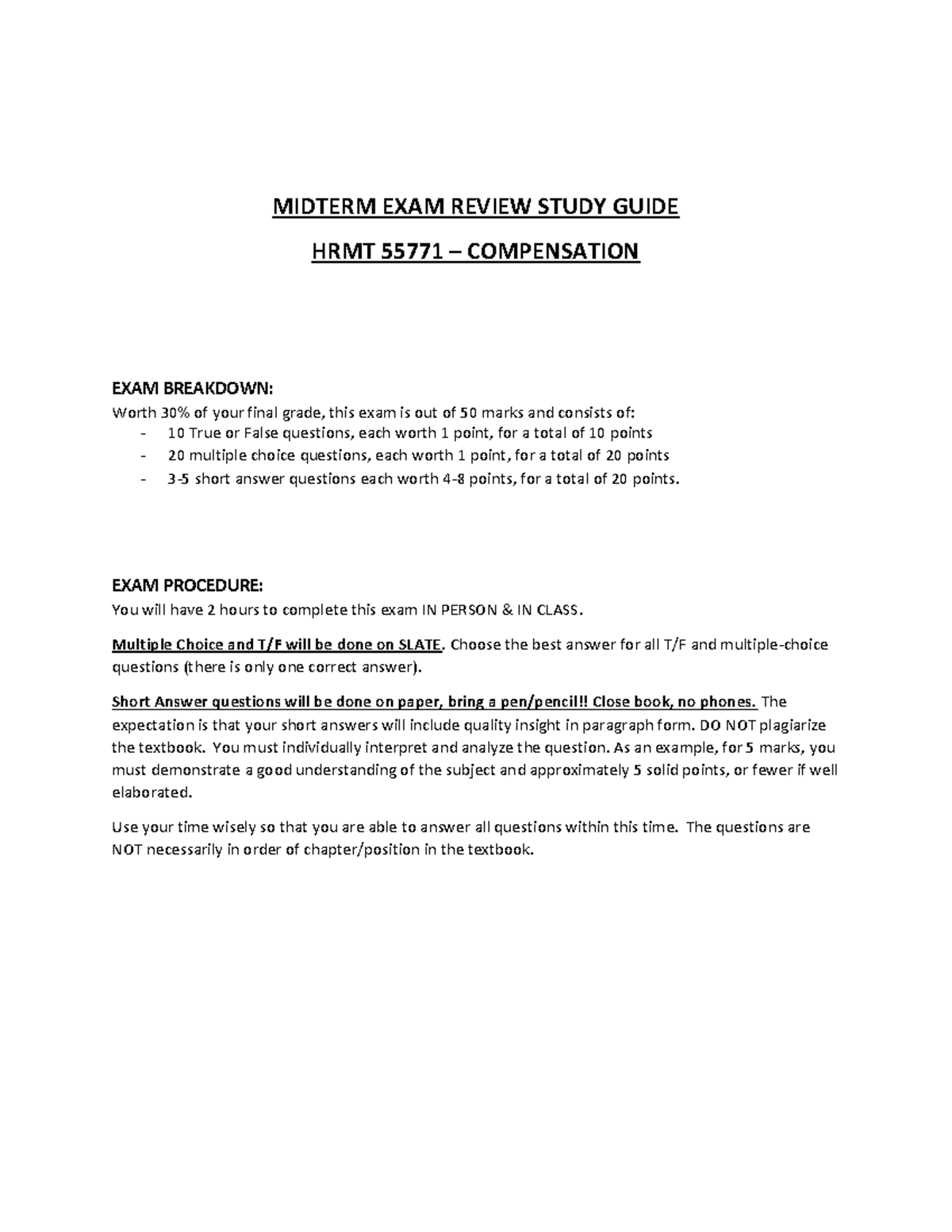 HRMT 55771 - Midterm Exam Review - F23 - MIDTERM EXAM REVIEW STUDY GUIDE HRMT 55771 ...