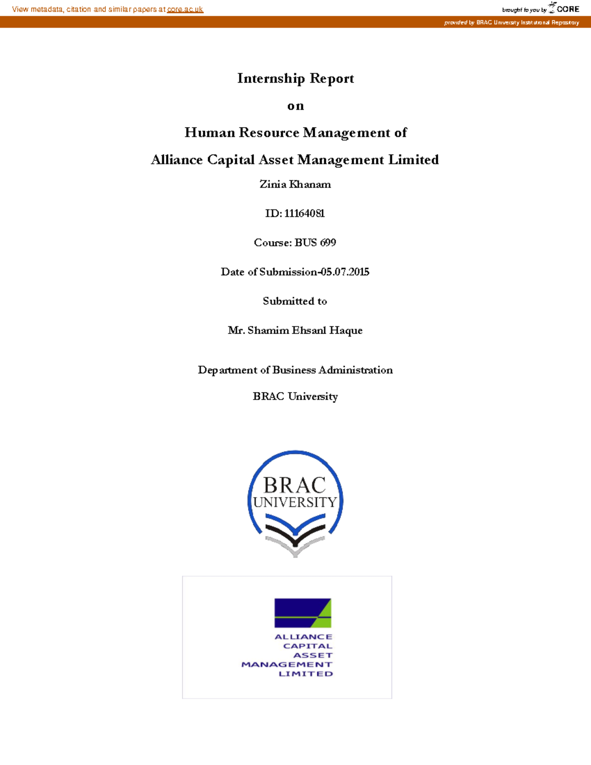 Report - Internship Report on Human Resource Management of Alliance ...