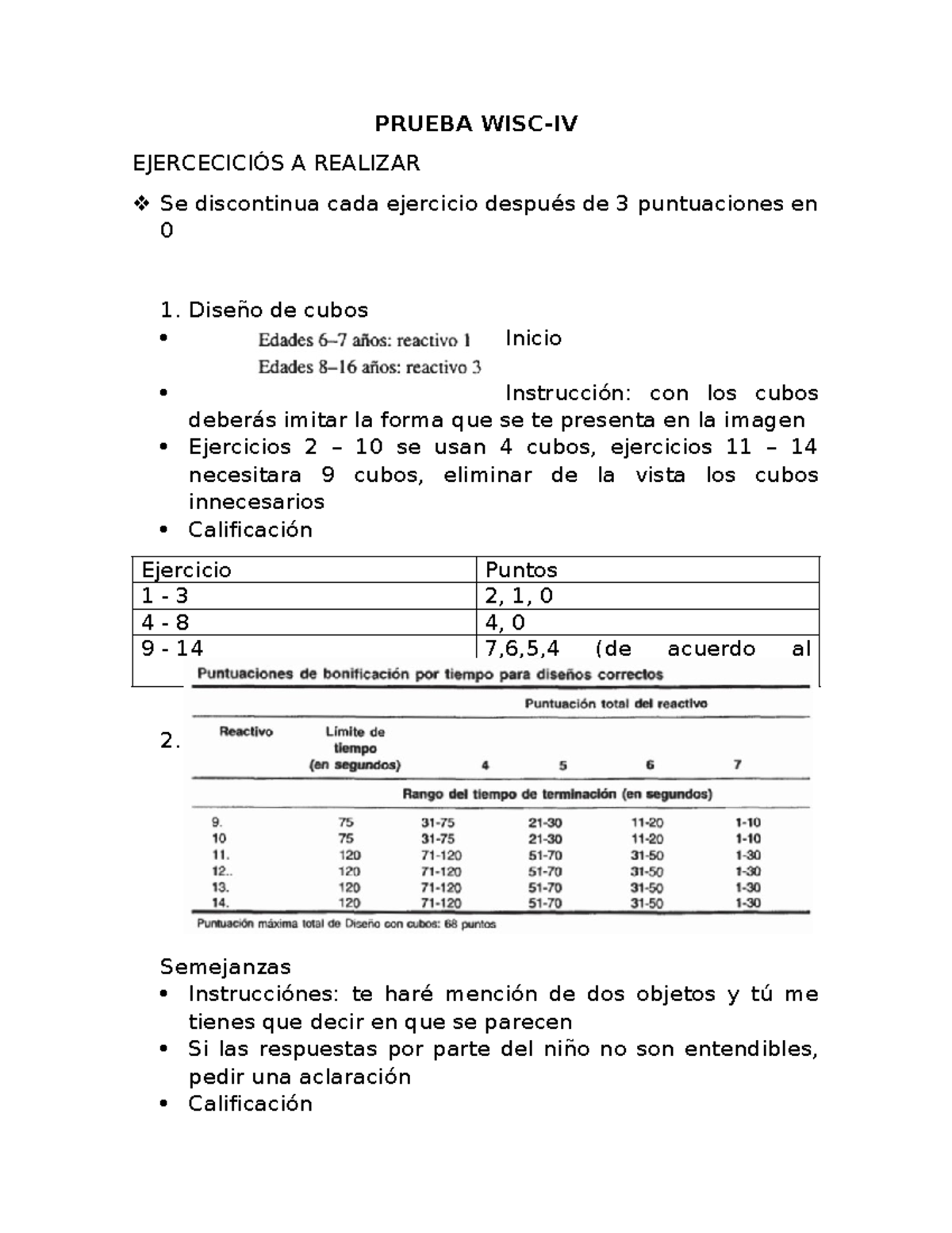 Prueba WISC IV resumen - PRUEBA WISC-IV EJERCECICIÓS A REALIZAR Se discontinua cada ejercicio ...