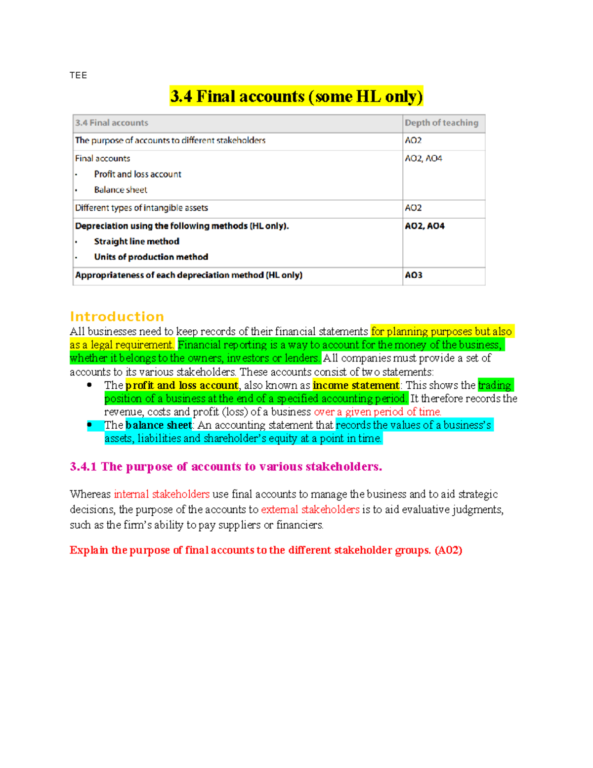 Financial accountd - notes - TEE 3 Final accounts (some HL only ...