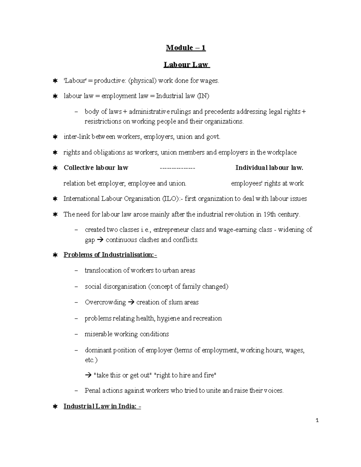 Module 1 - Module – 1 Labour Law 'Labour' = productive: (physical) work ...