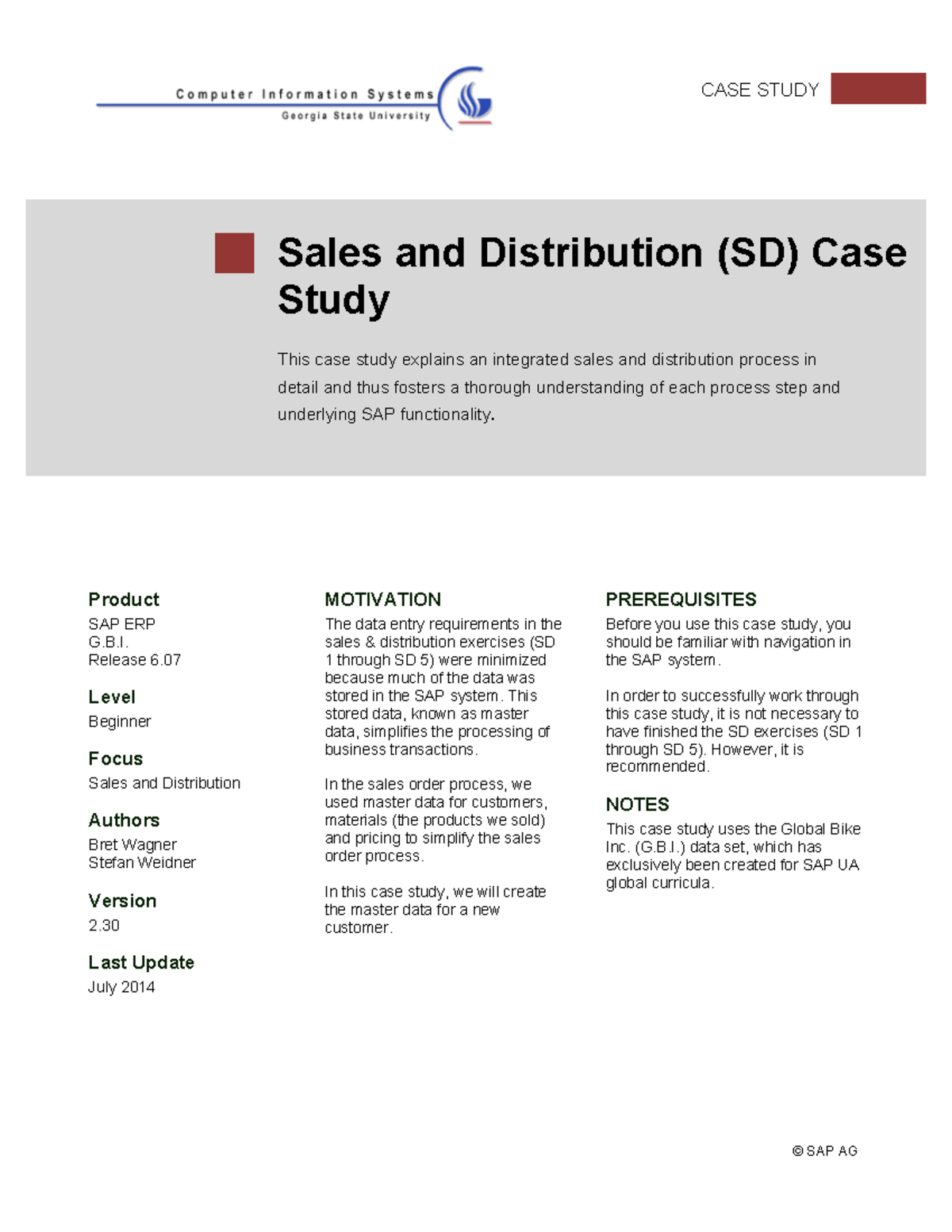Case Study Intro ERP SD(OTC Process) - © SAP AG Product SAP ERP G ...