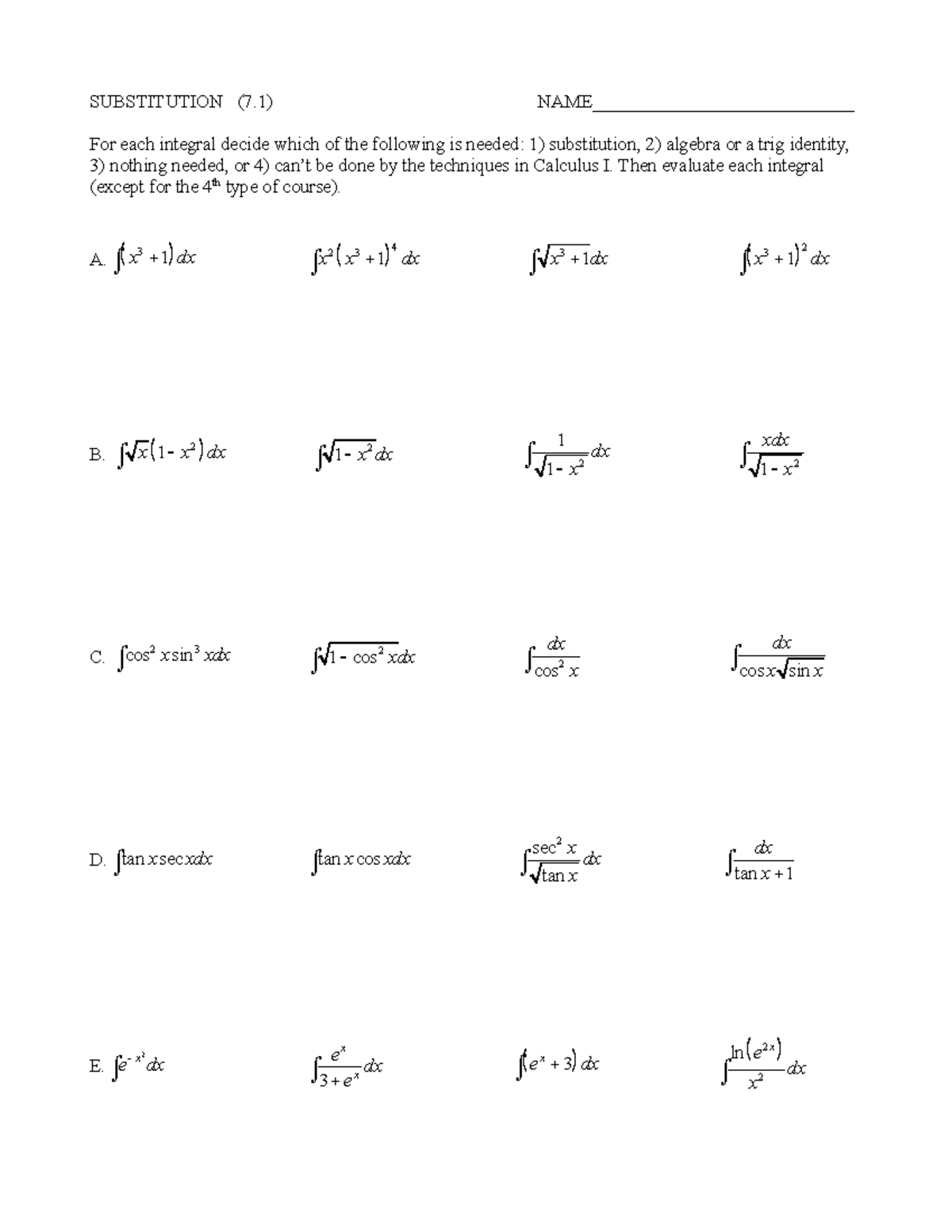 Recognize Integrals - SUBSTITUTION (7) NAME ...