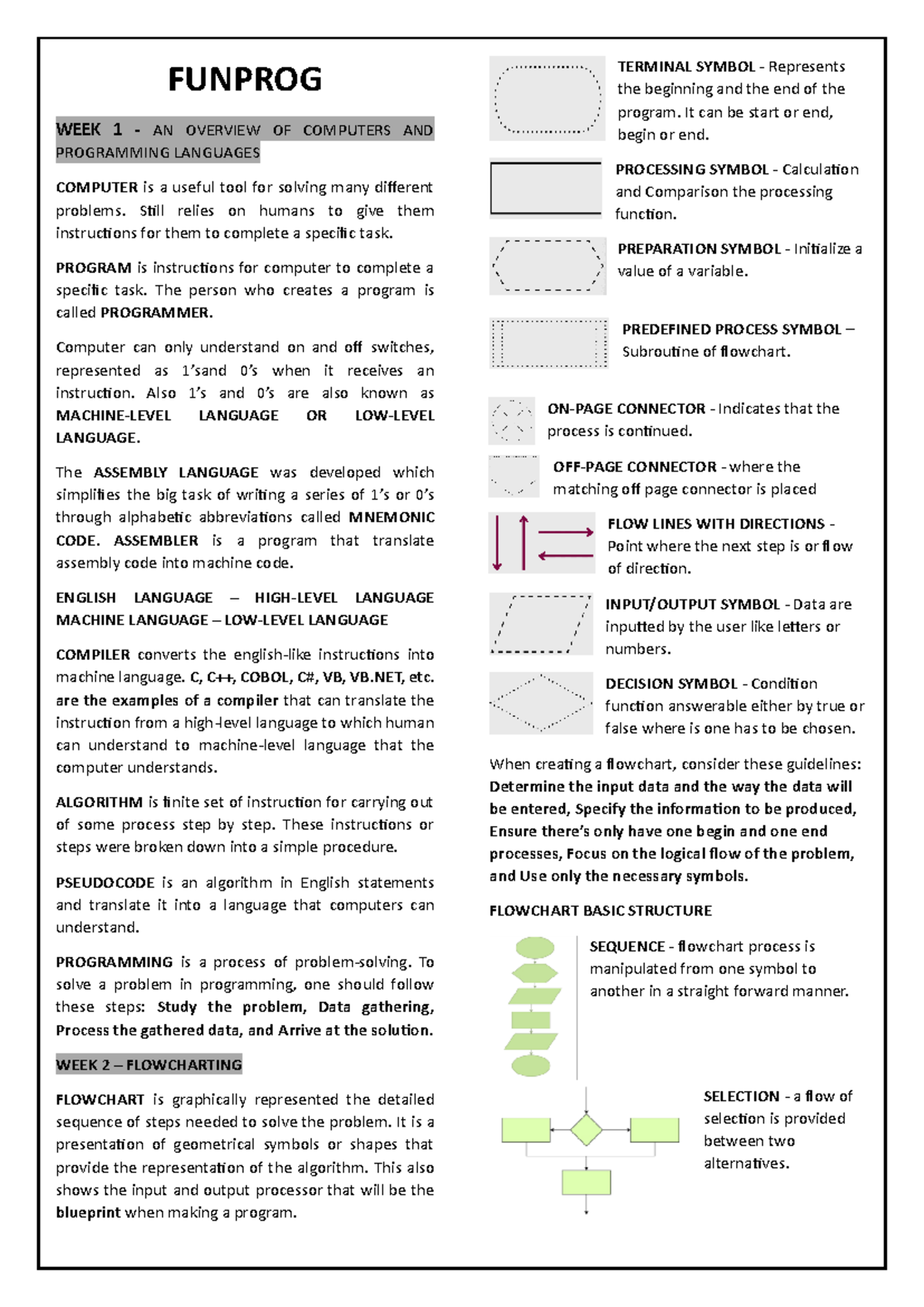 Funprog Reviewer - FUNPROG WEEK 1 - AN OVERVIEW OF COMPUTERS AND PROGRAMMING LANGUAGES COMPUTER ...