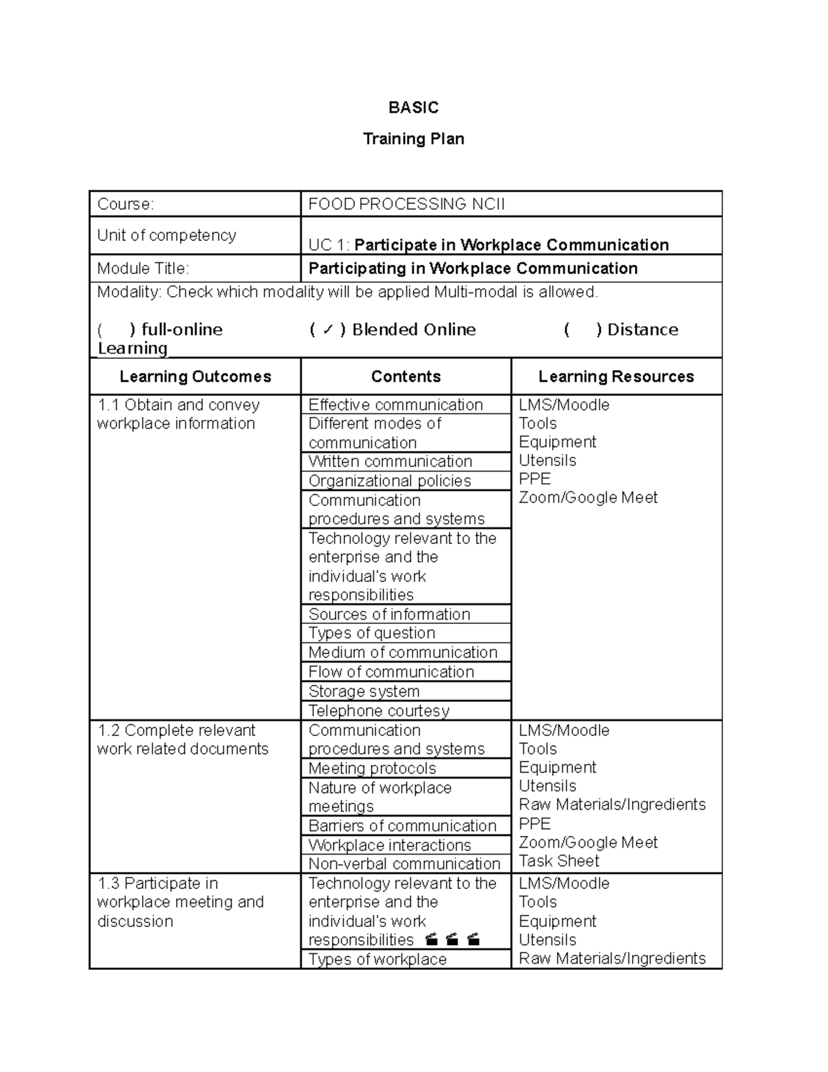 FOOD Processing TP 1 - BASIC Training Plan Course: FOOD PROCESSING NCII ...