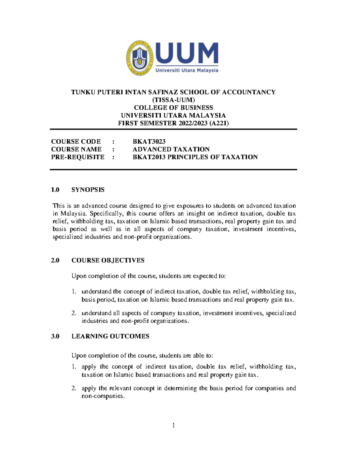 BKAT3023 Student Syllabus A 221 - TUNKU PUTERI INTAN SAFINAZ SCHOOL OF ...