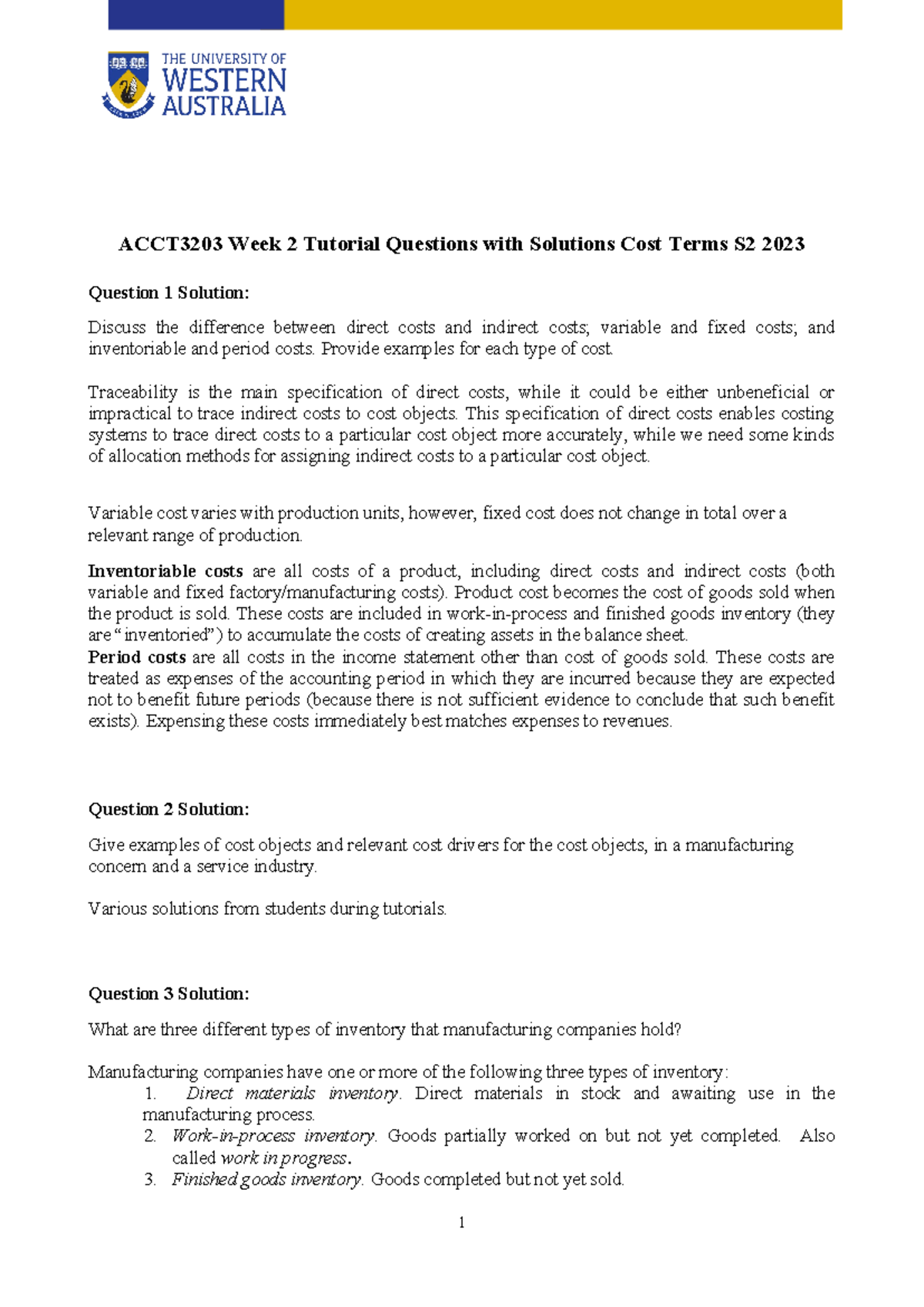 2a Week 2 Tute Qns & Solns Cost Terms S2 2023 - ACCT3203 Week 2 Tutorial Questions with ...