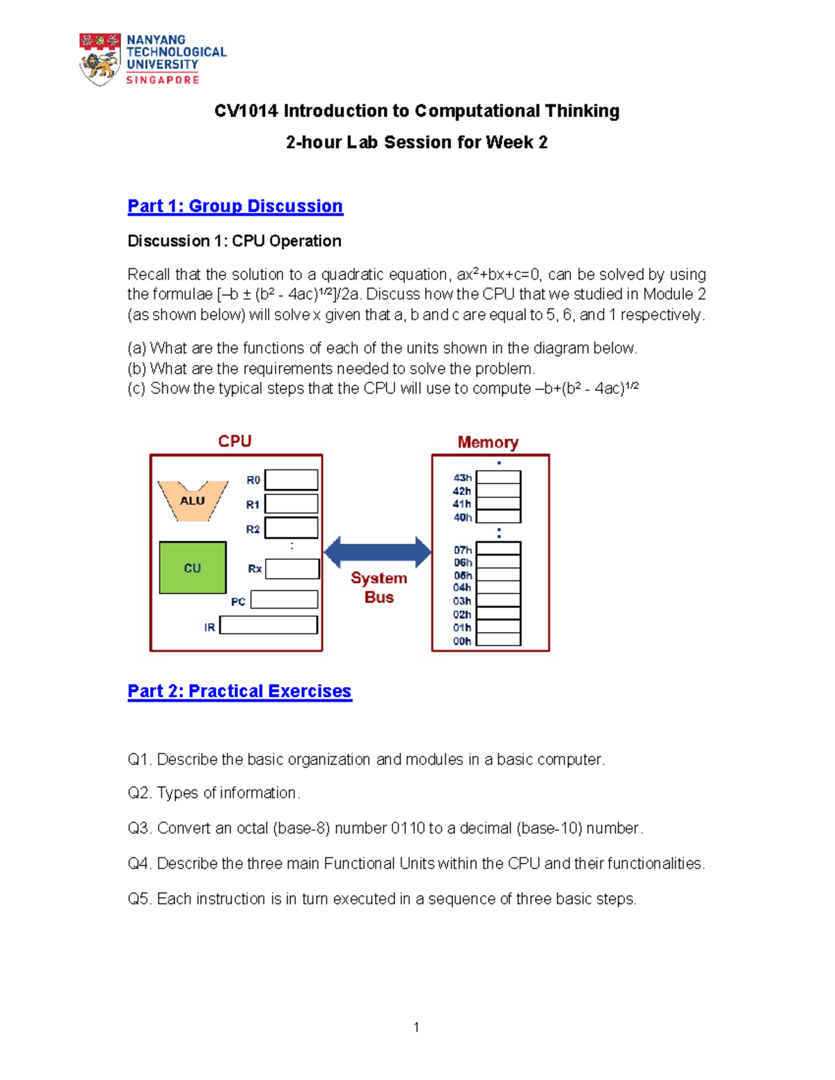 Week 2 Lab Questions - 1 CV1014 Introduction to Computational Thinking 2-hour Lab Session for ...