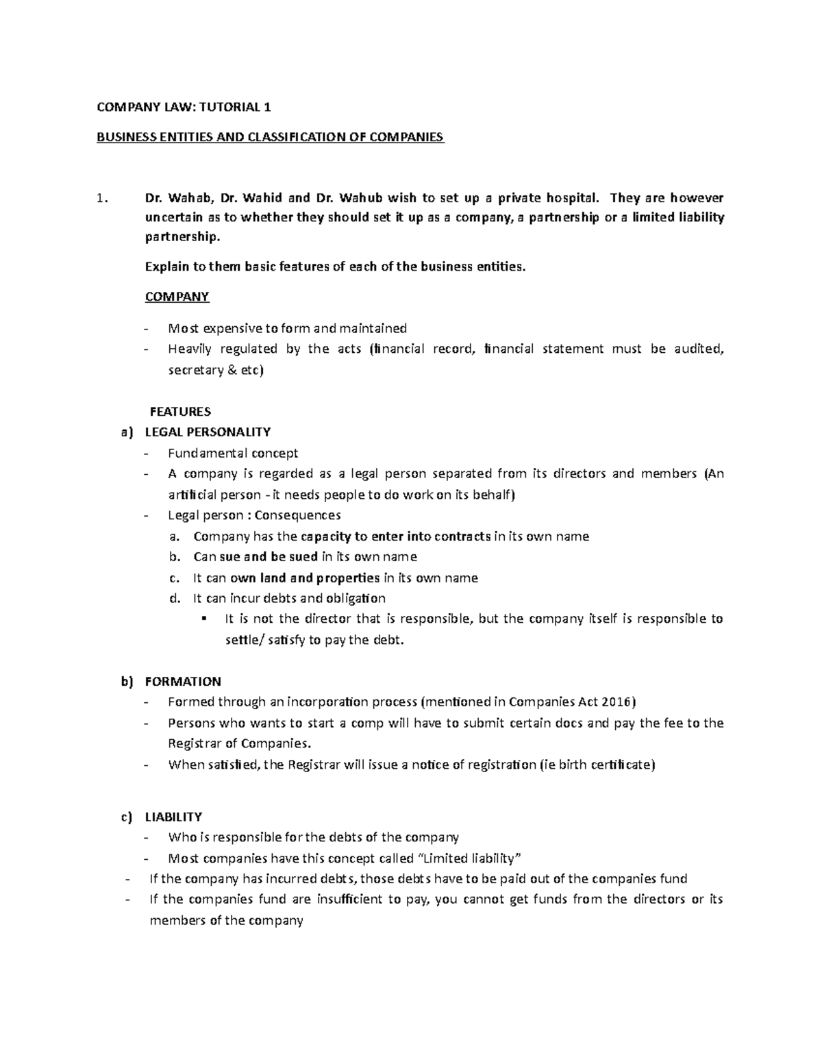 Company Tuto 1 Week 1 Company Law Tutorial 1 Business Entities And