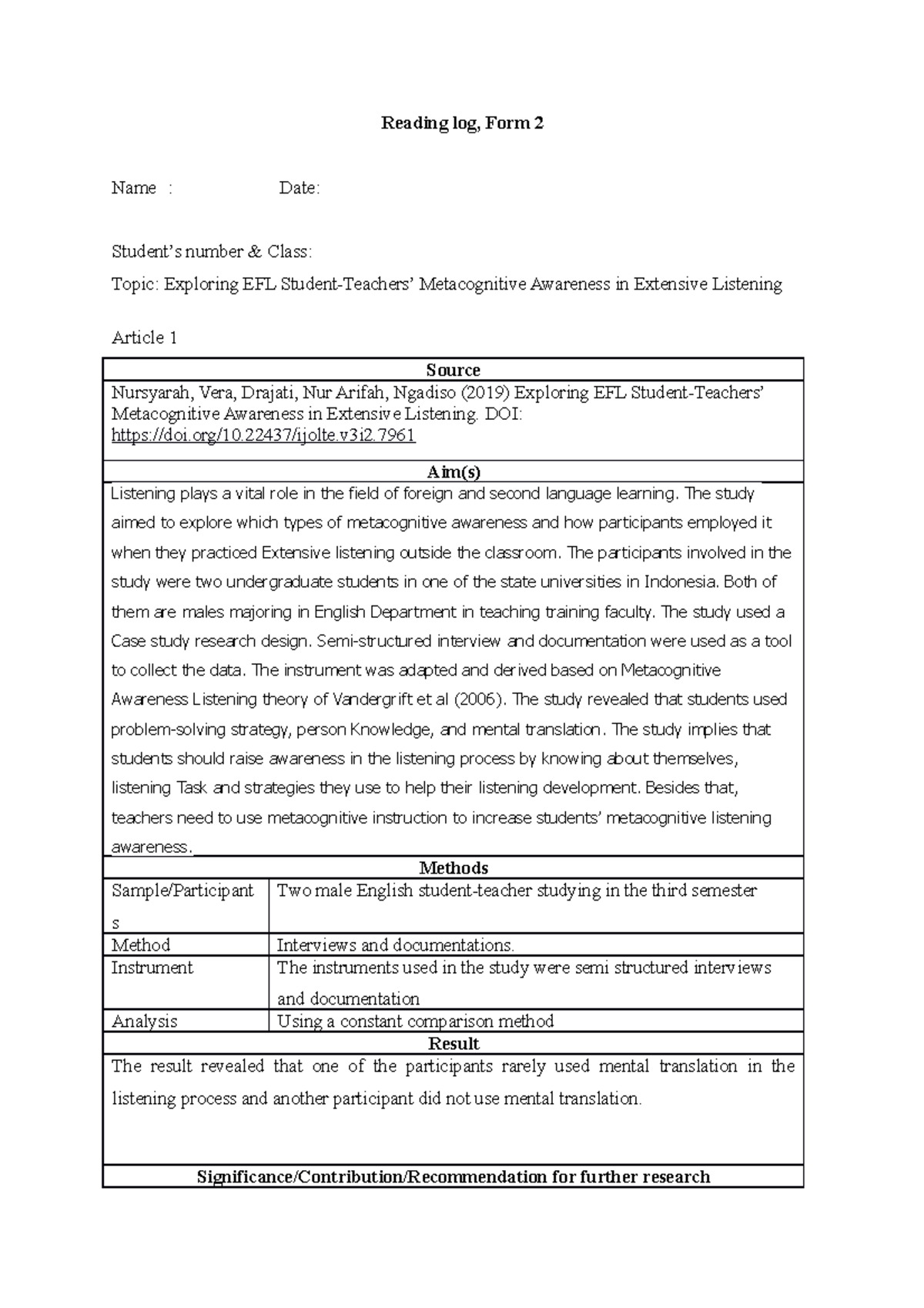 Reading log 1 - Exploring EFL Student-Teachers’ Metacognitive Awareness ...