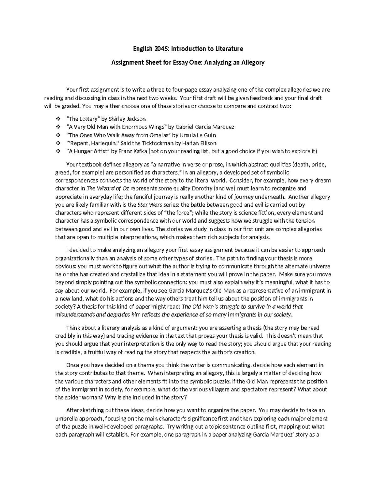 Assignment Sheet Analyzing an Allegory 1 - English 2045: Introduction ...