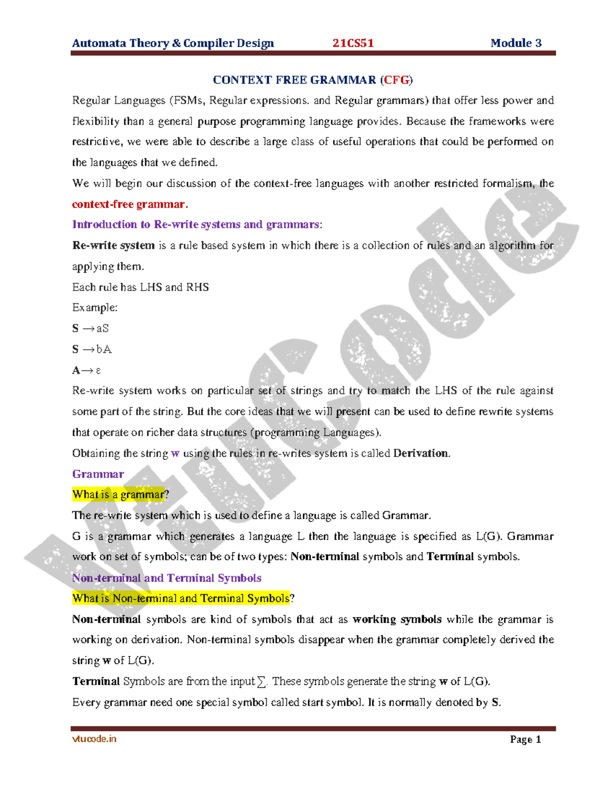 @vtucode - importtant - CONTEXT FREE GRAMMAR (CFG) Regular Languages ...