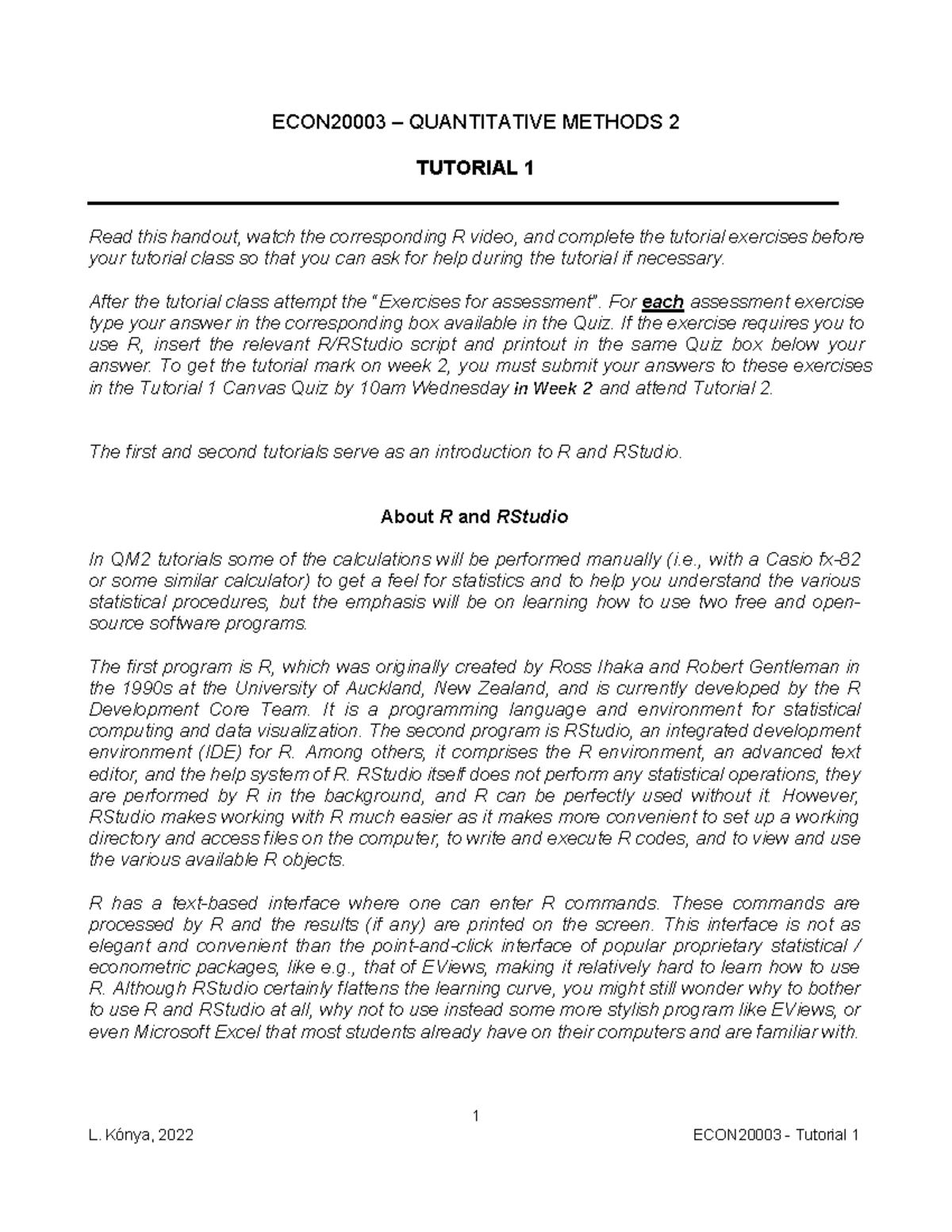 Tutorial 1 - 1 ECON20003 – QUANTITATIVE METHODS 2 TUTORIAL 1 Read this handout, watch the - Studocu
