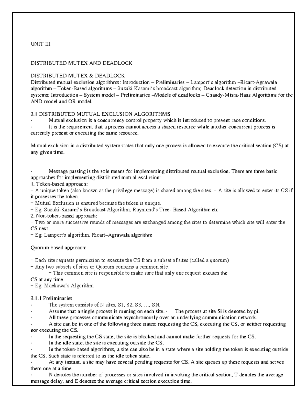 QUESTION BANK AND STUDY MATERIALS FOR ALL UNITS - UNIT III DISTRIBUTED MUTEX AND DEADLOCK - Studocu