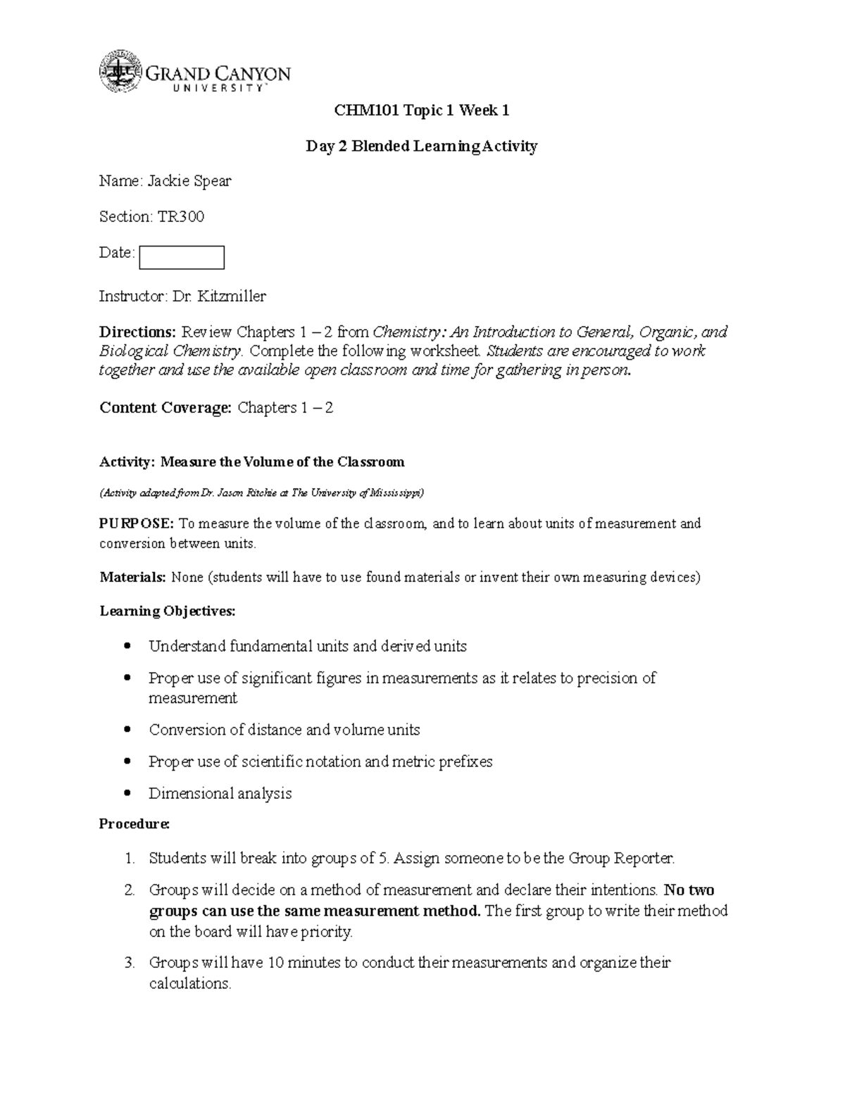 T1 W1 Day 2 Student Blended Learning Activity - CHM101 Topic 1 Week 1 ...