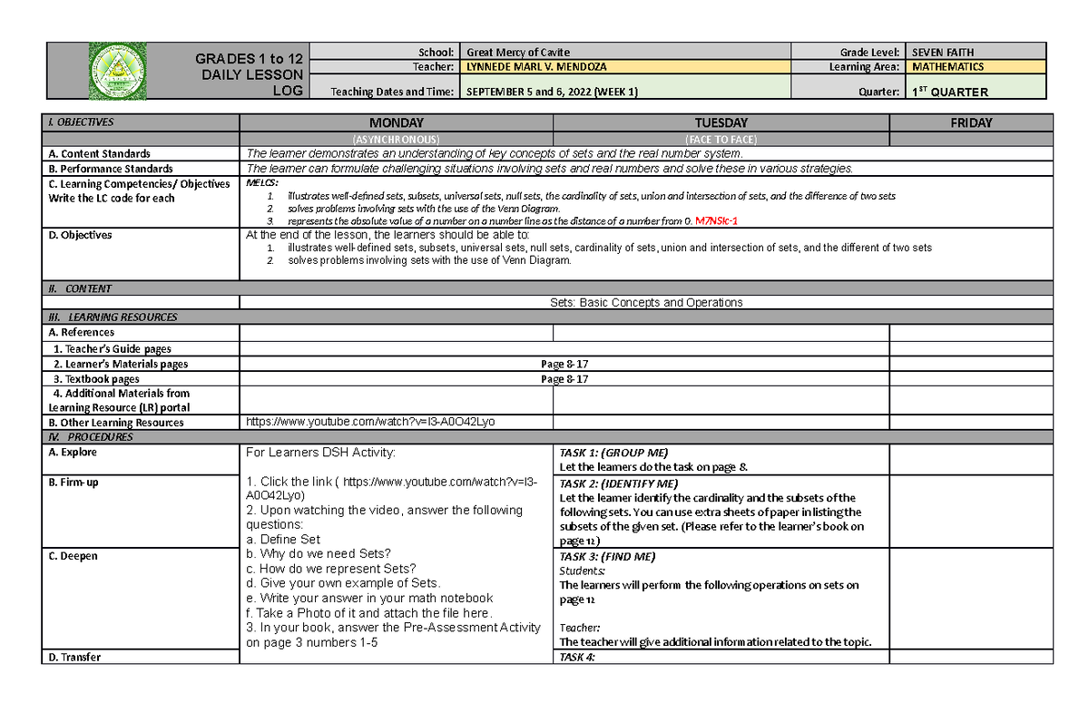 WEEK1-DLL- Mathematics 7 - GRADES 1 to 12 DAILY LESSON LOG School ...