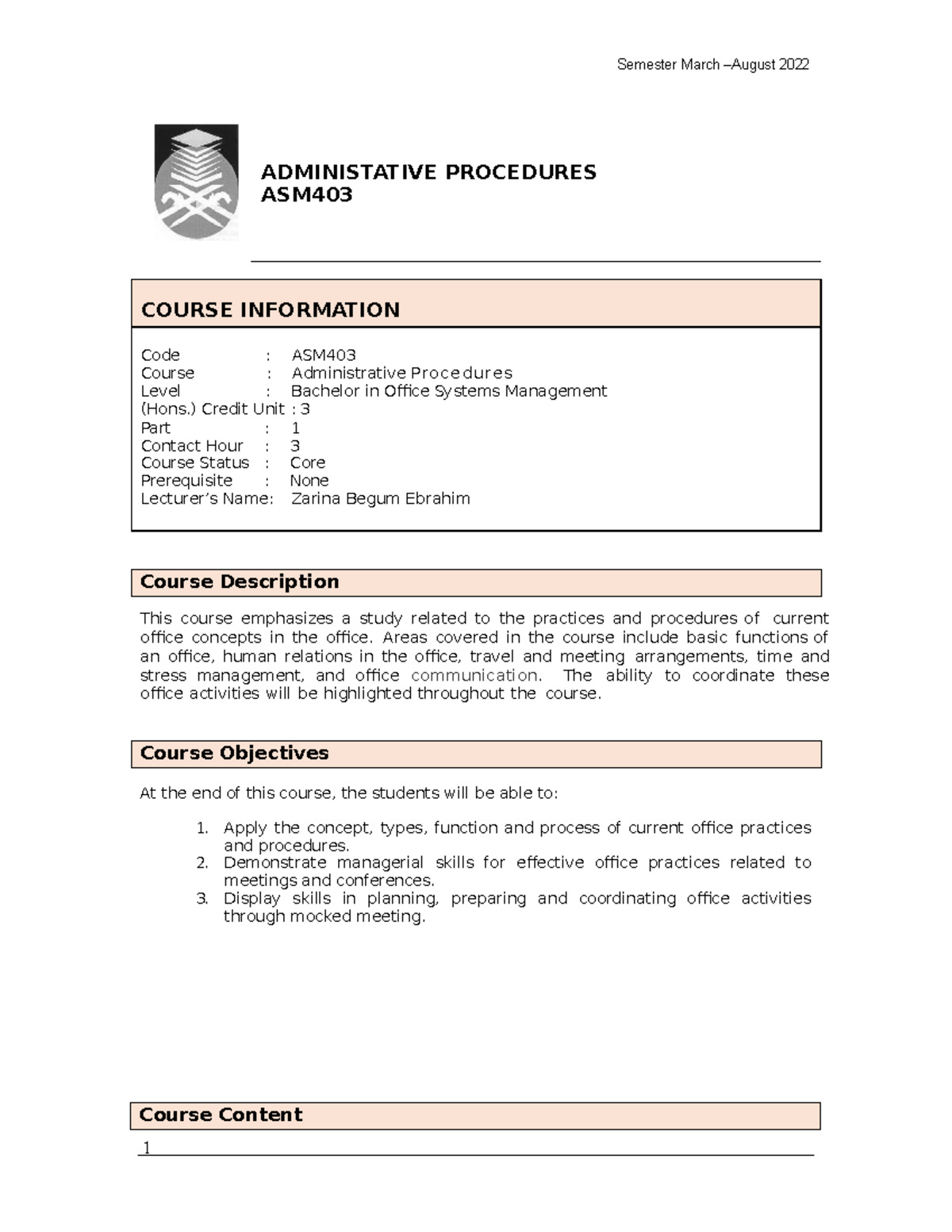 Lesson Plan for ASM403 Sem March - August 2022 - ADMINISTATIVE ...