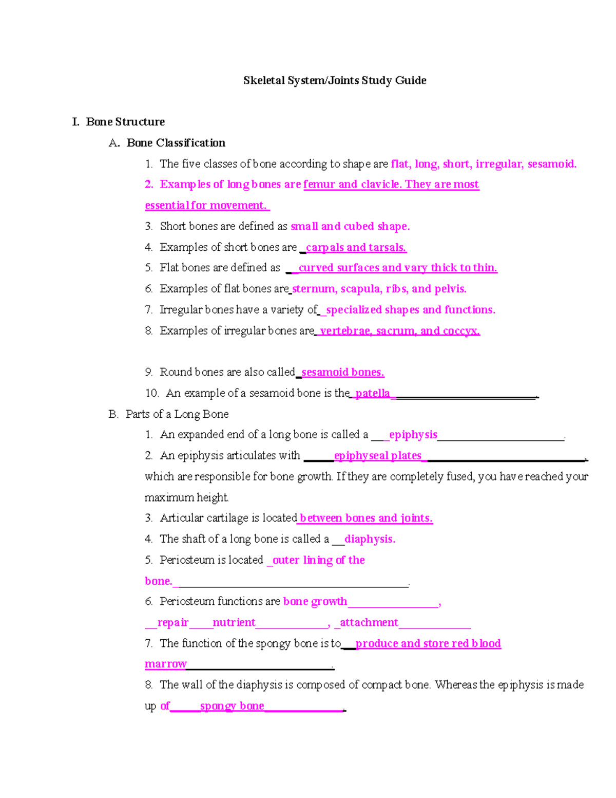 Skeletal System Study Guide - Skeletal System/Joints Study Guide I ...