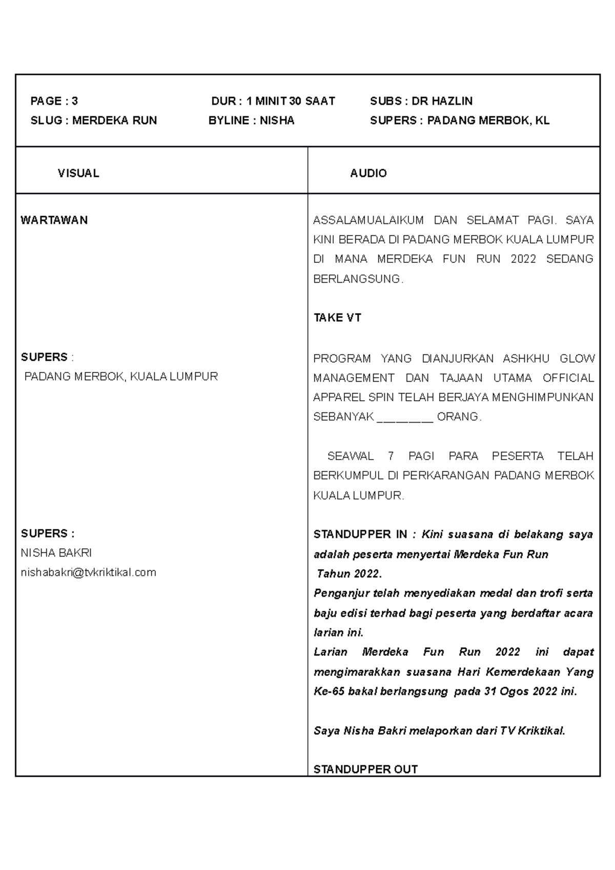 Skrip Standupper - PAGE : 3 DUR : 1 MINIT 30 SAATSUBS : DR HAZLIN SLUG ...
