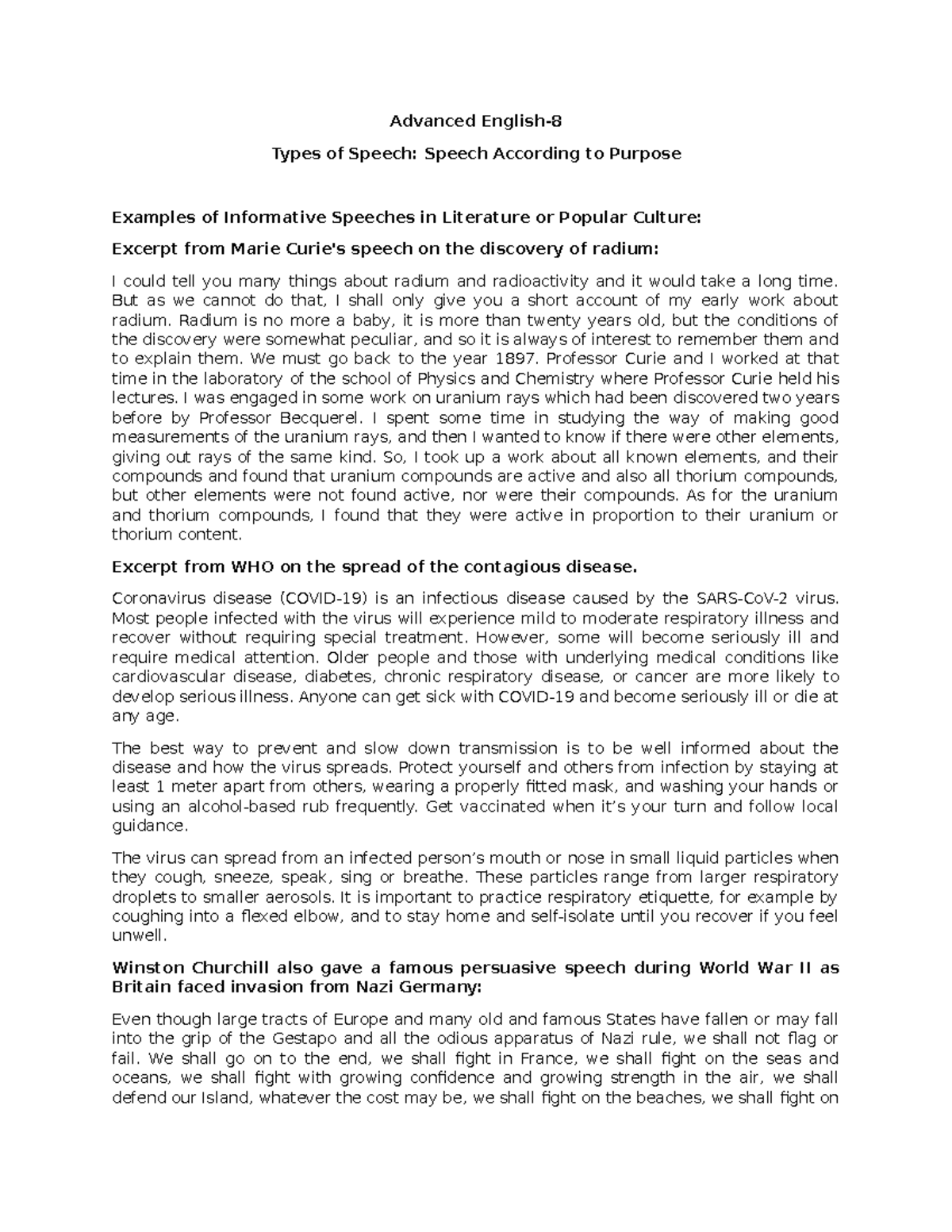 Informative and Persuasive Speech Example - Advanced English- Types of ...