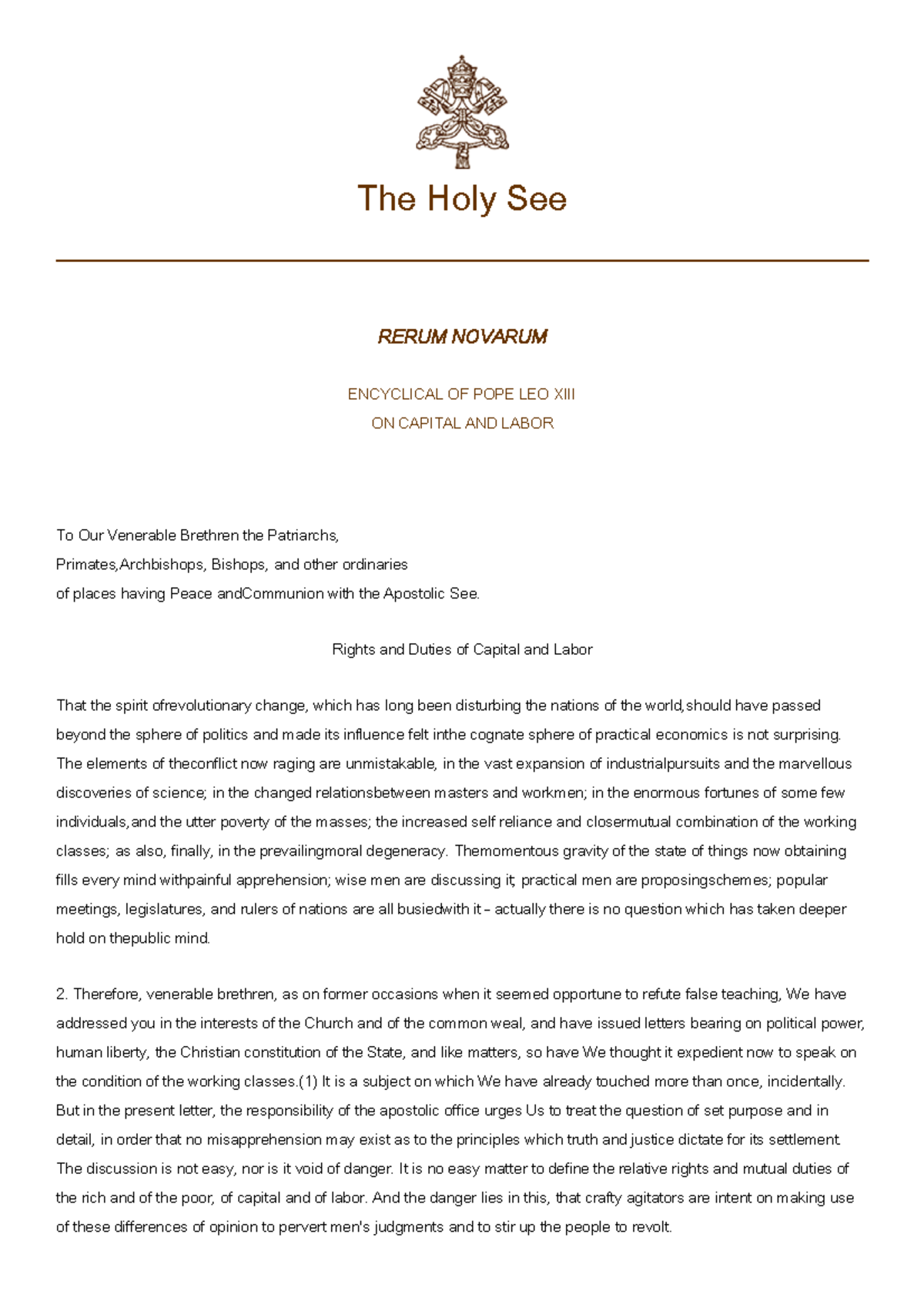 Pope Leo XIII Rerum Novarum - The Holy See RERUM NOVARUM ENCYCLICAL OF ...