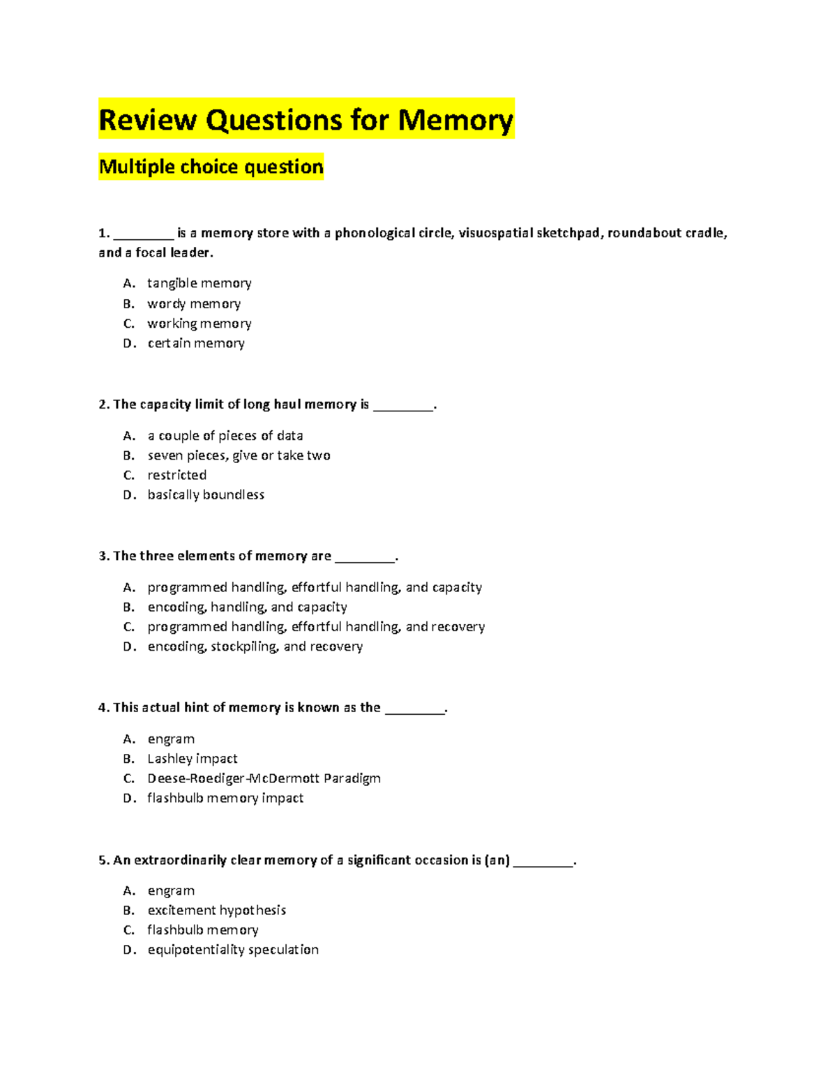 Review Questions for Memory - Review Questions for Memory Multiple ...