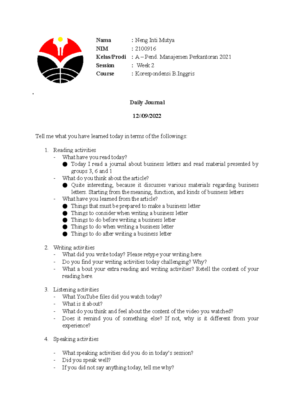 Daily journal at English Course to reflect student's understanding ...