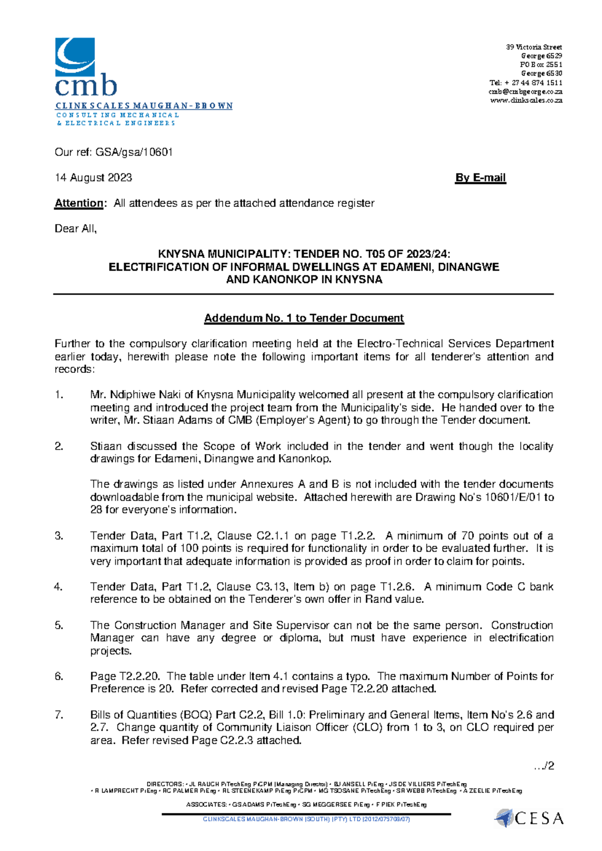 10601 l Addendum No. 1 to Tenderers - Our ref: GSA/gsa/ 14 August 2023 ...