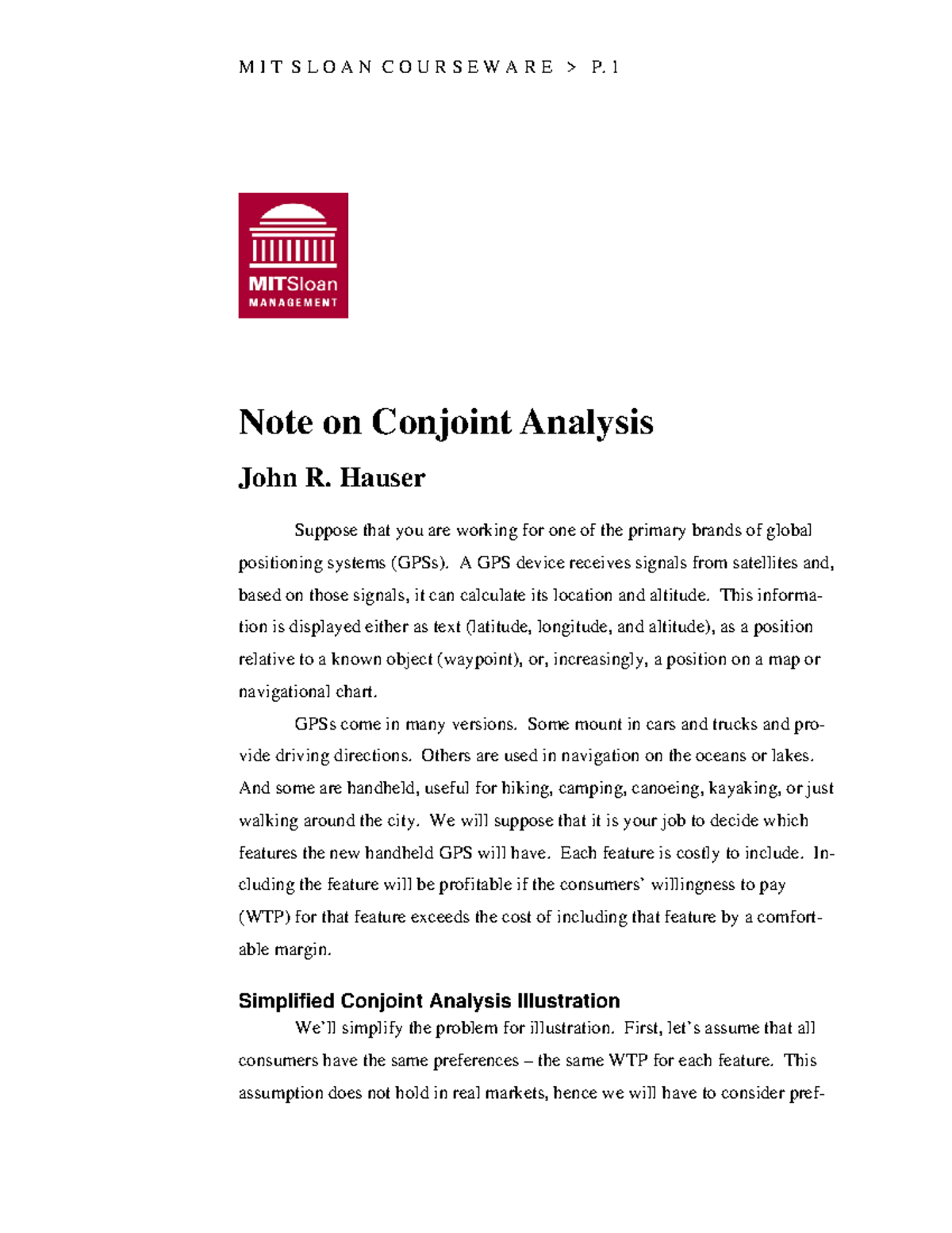Conjoint Analysis, Hauser - Note on Conjoint Analysis John R. Hauser ...