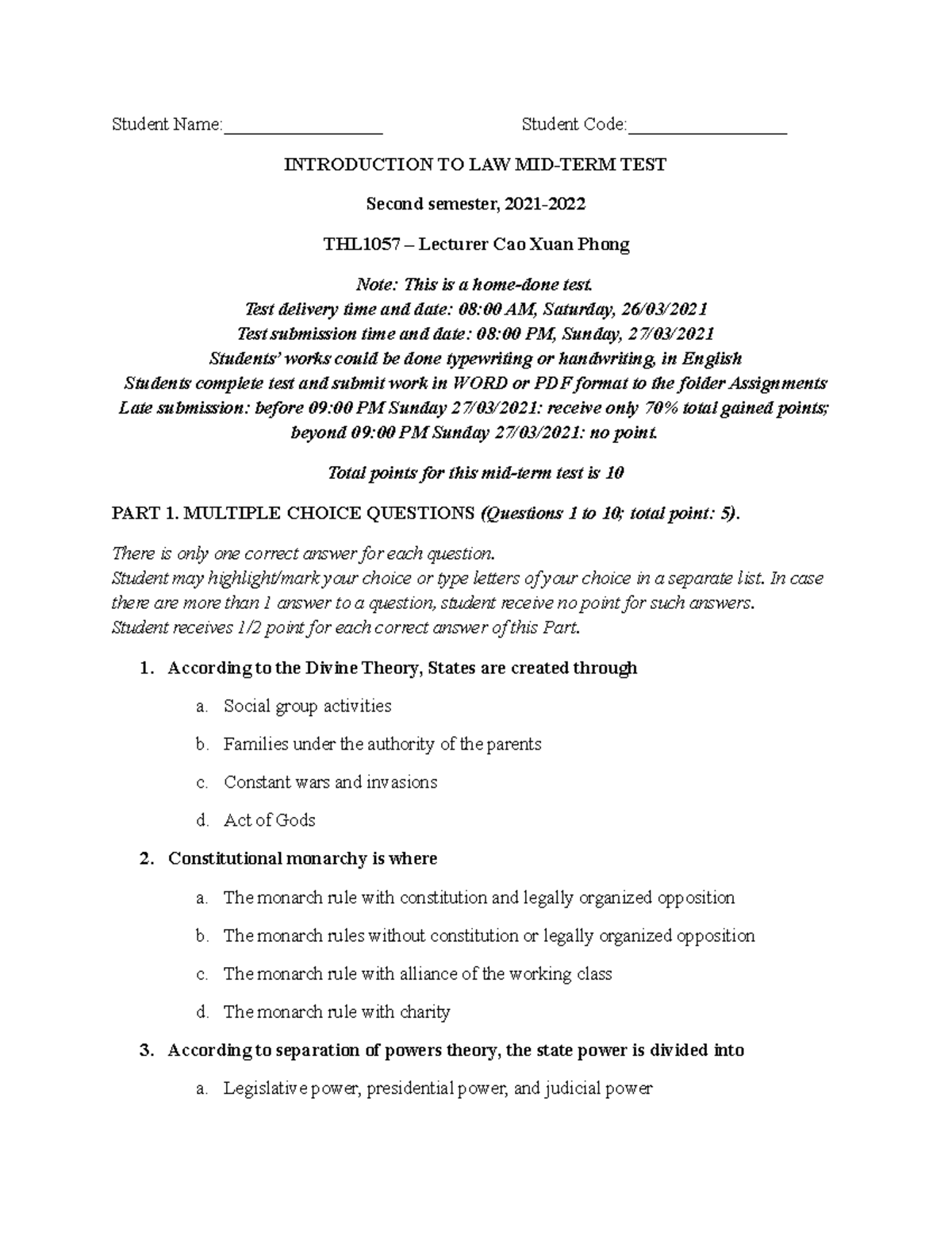 Mid Term Test S2 2122 Introduction Law - Student Name ...