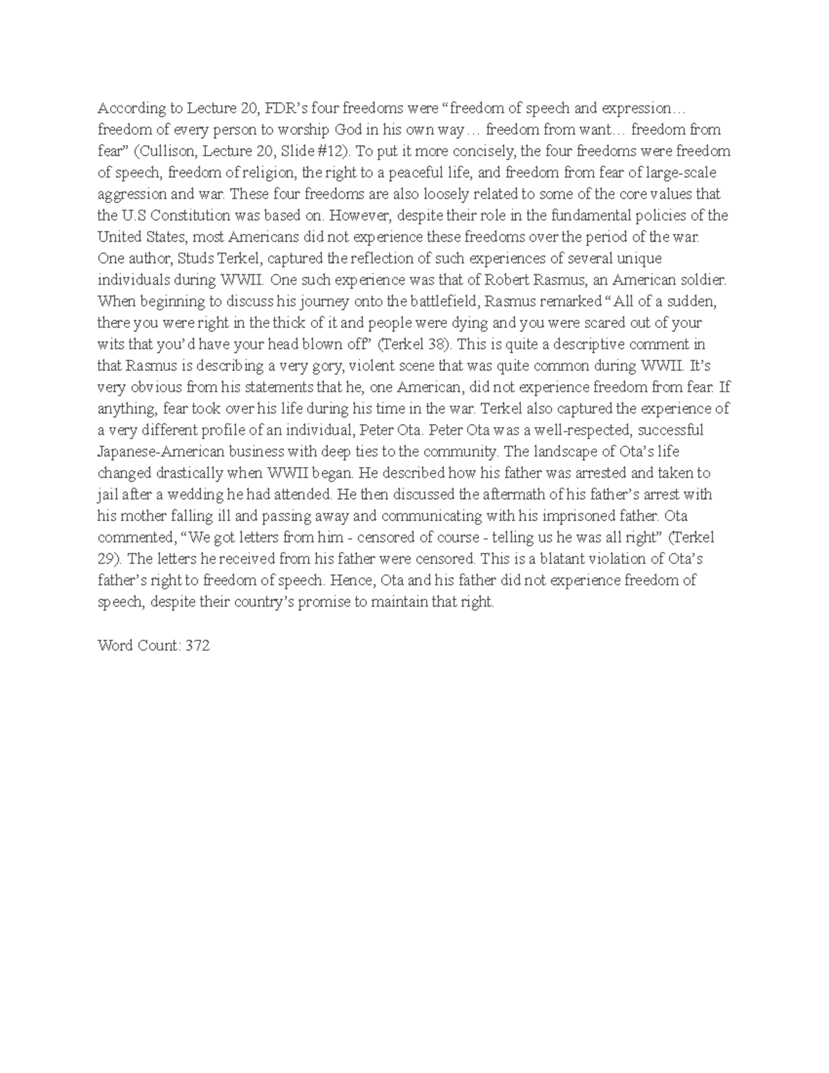 CH 203 - Unit 7 Critical Response - According to Lecture 20, FDR’s four ...