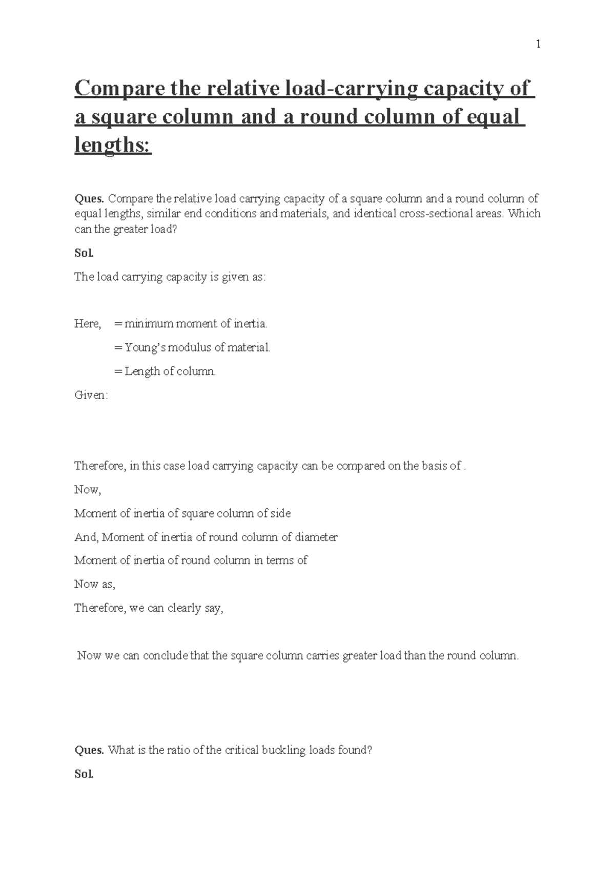 Civil engineering 500 - Compare the relative load carrying capacity of ...