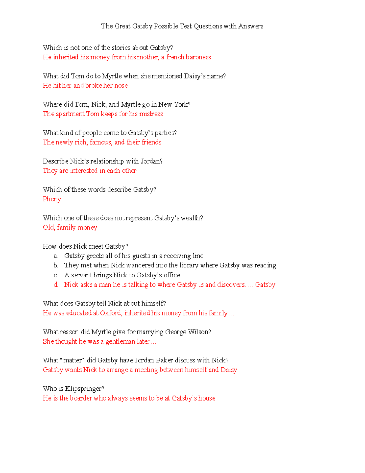 Great Gatsby-Answers - The answers for one of the tests - The Great ...