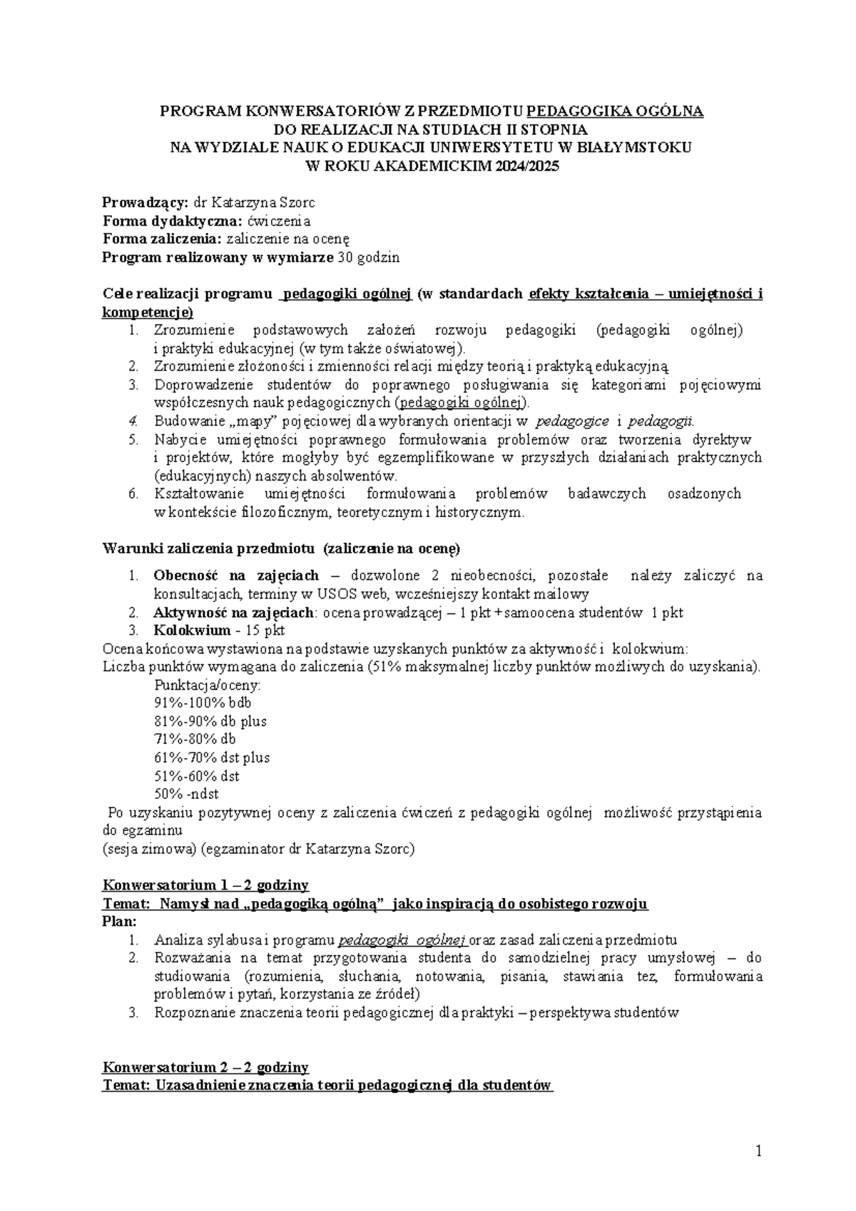 Pedagogika OGÓLNA 2024 - PROGRAM KONWERSATORIÓW Z PRZEDMIOTU PEDAGOGIKA ...