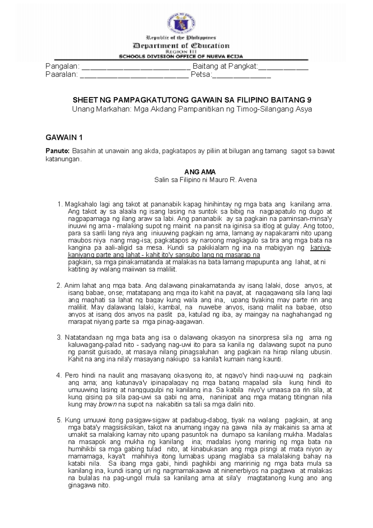 FIL-9-pdf-LAS q1 w1 Maikling-Kuwento -AMA - Pangalan: __________________________ Baitang at ...