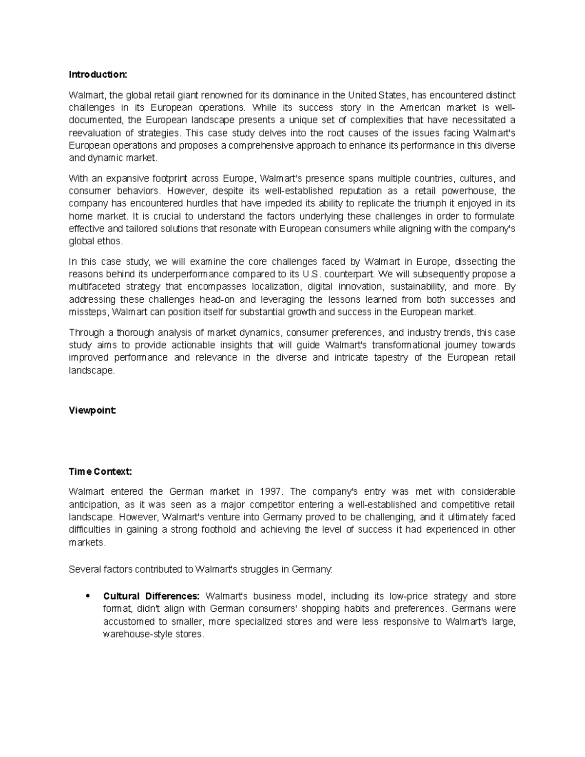 Walmart IN Europe-draft only - Introduction: Walmart, the global retail ...