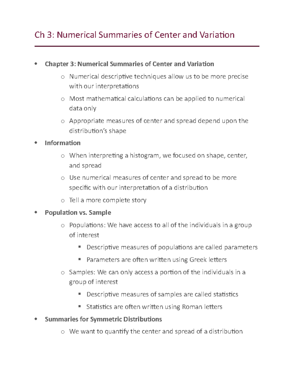 Ch 3 - Lecture notes Chapter 3 - Ch 3: Numerical Summaries of Center ...