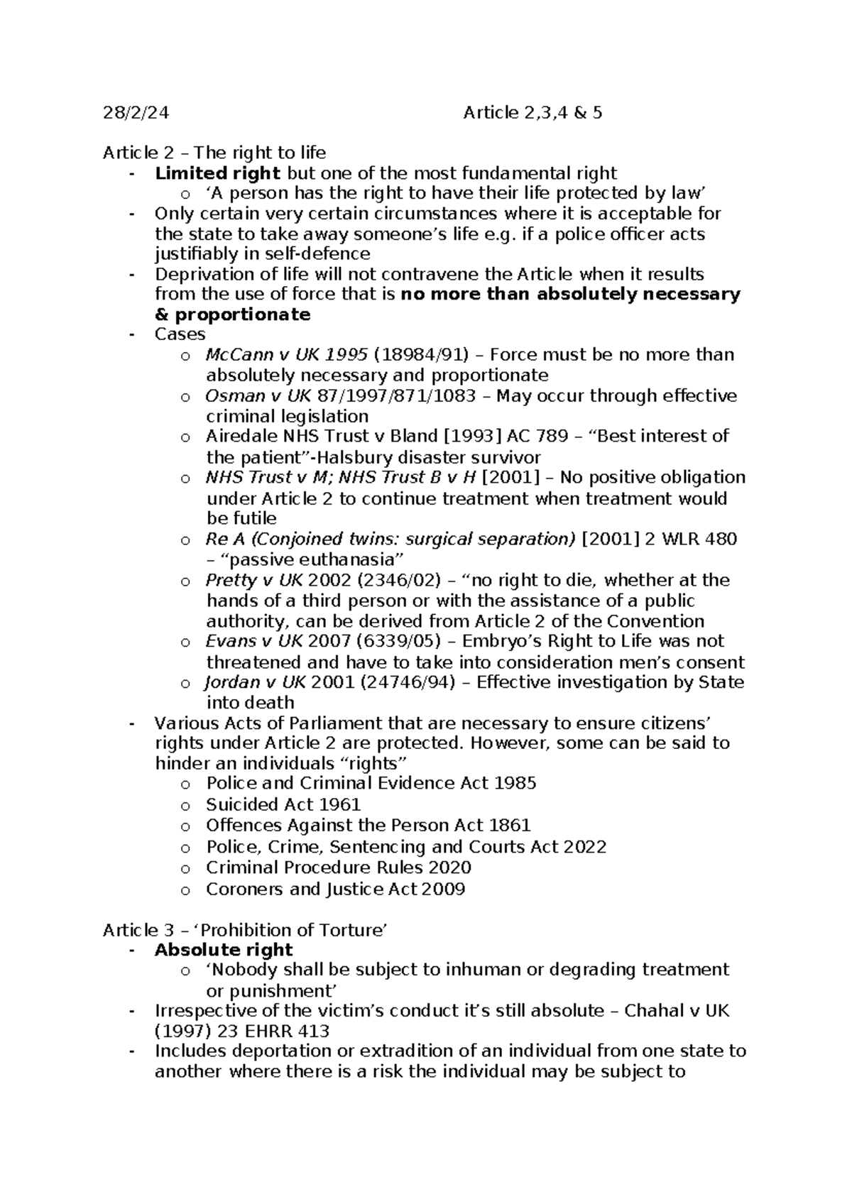 ECHR articles lecture 2^J3^J4^J5 and 6 - 28/2/24 Article 2,3,4 & 5 ...
