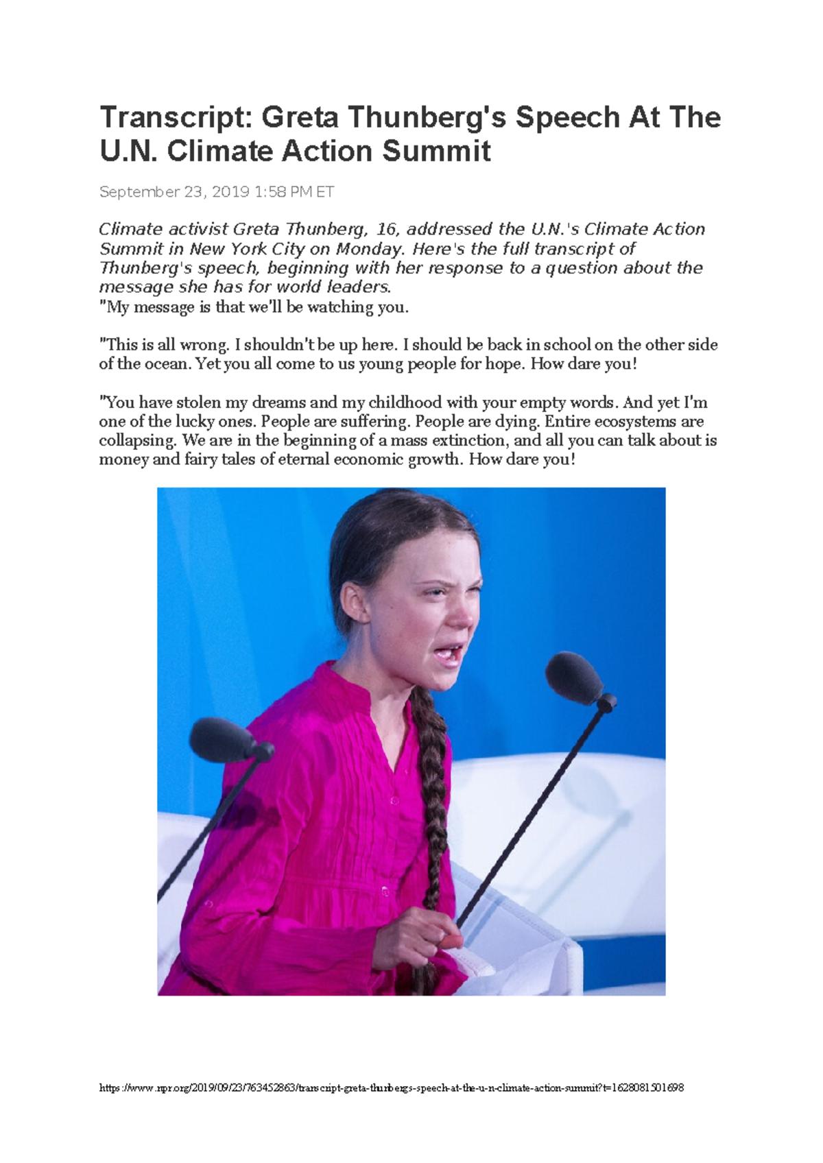 Greta Thunberg speech - Climate Action Summit September 23, 2019 1:58 ...