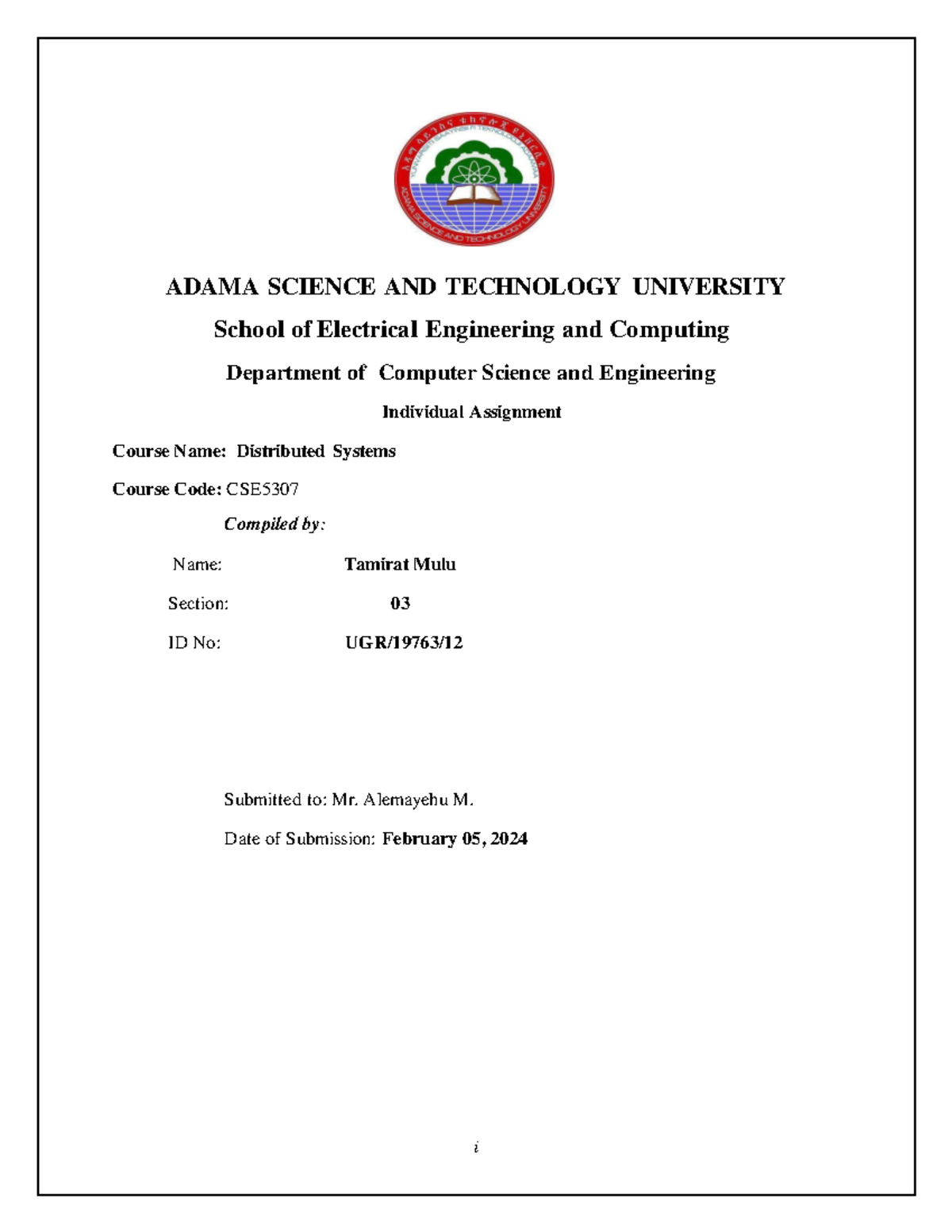 DS Assignment II - i ADAMA SCIENCE AND TECHNOLOGY UNIVERSITY School of ...