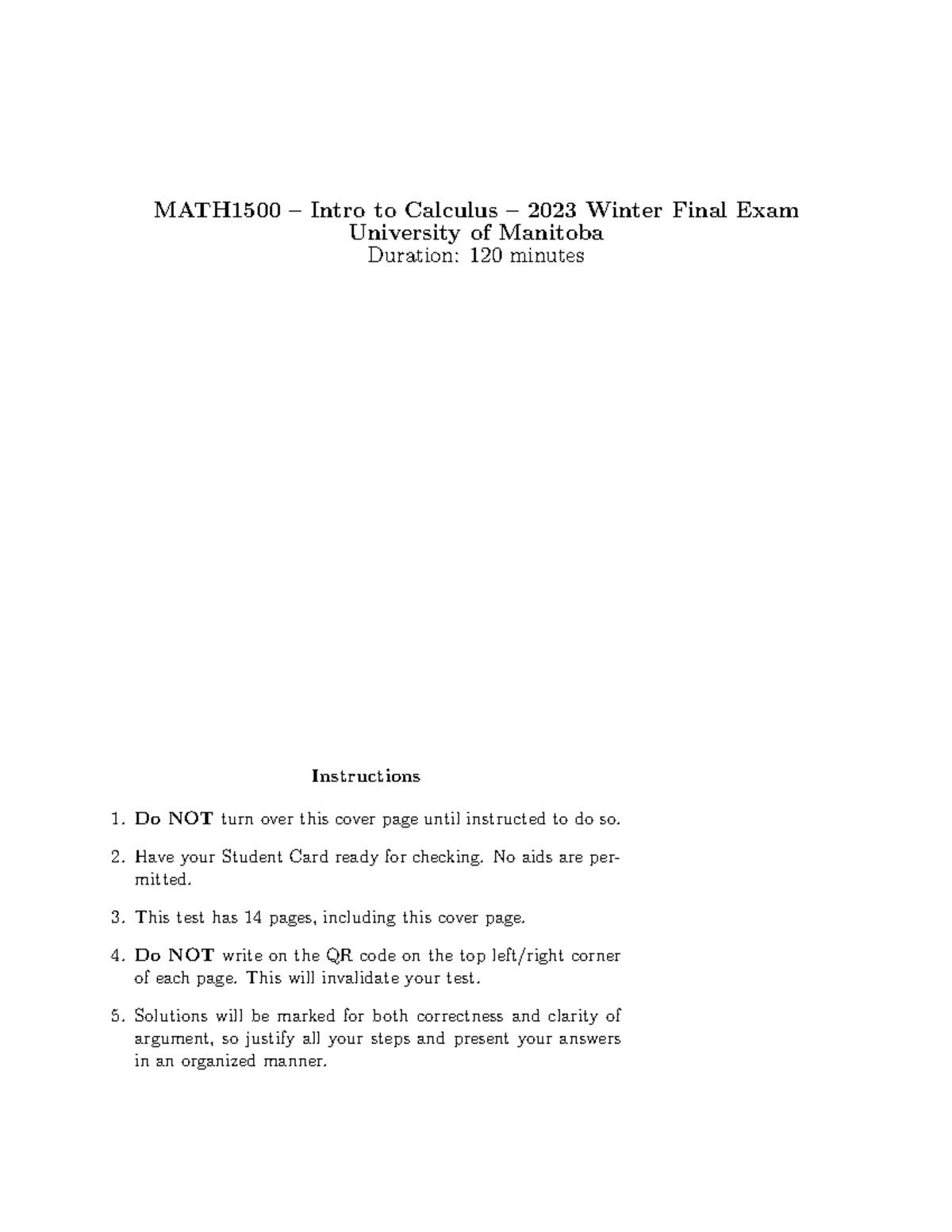 23W MATH1500 Final Exam winter solution - MATH1500 – Intro to Calculus ...