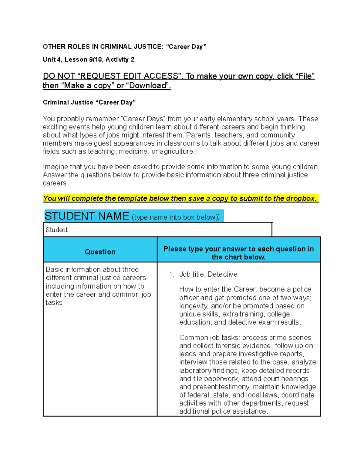U4L9 10 Portfolio - OTHER ROLES IN CRIMINAL JUSTICE: “Career Day” Unit ...