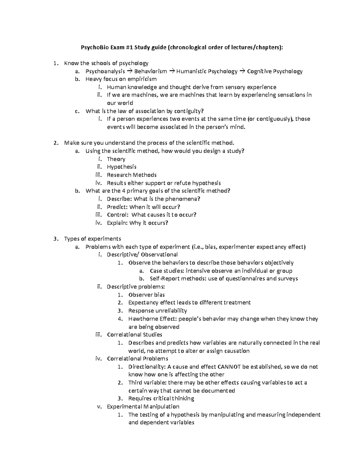 Study guide psych - PsychoBio Exam #1 Study guide (chronological order ...