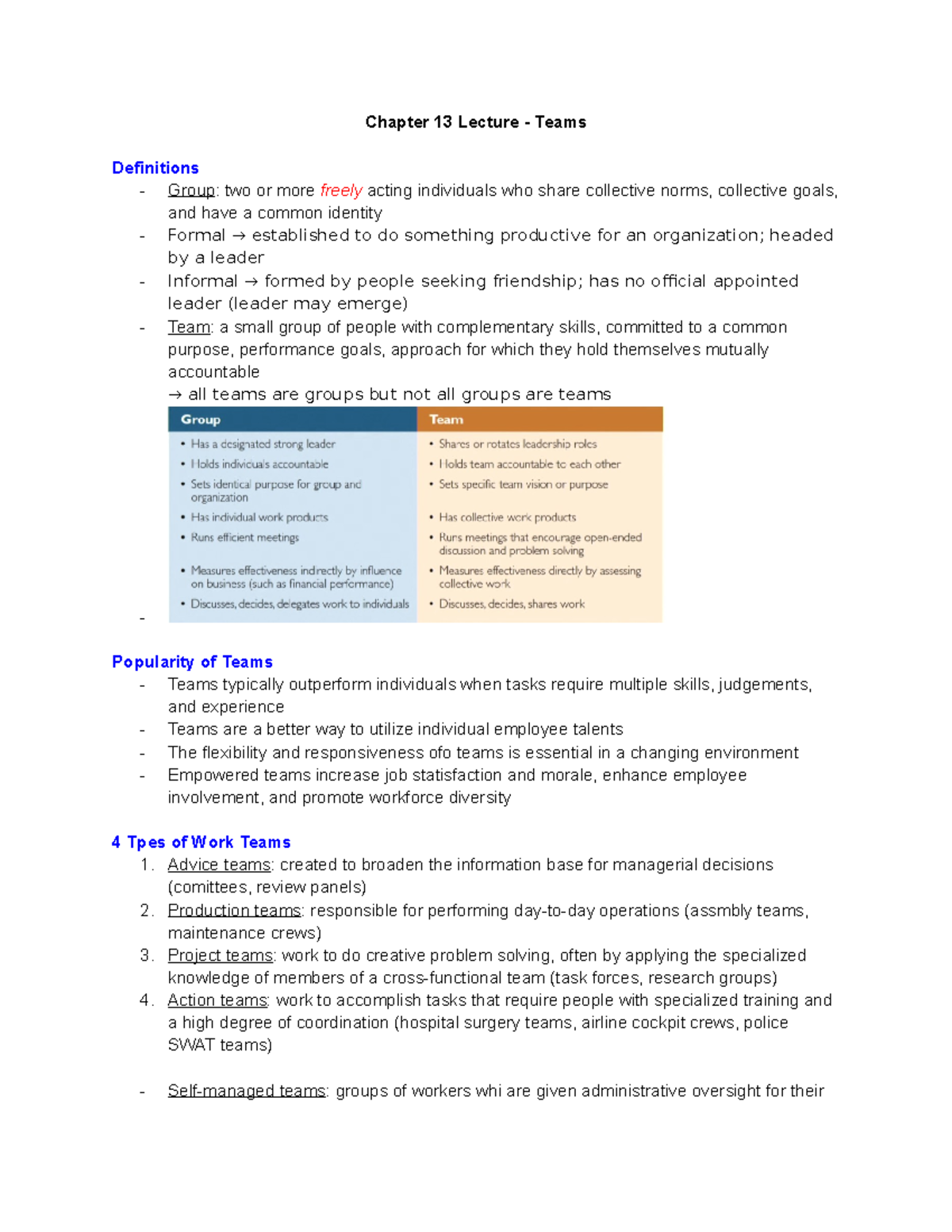 Chapter 13 Lecture - Chapter 13 Lecture - Teams Definitions - Group: two or more freely acting ...