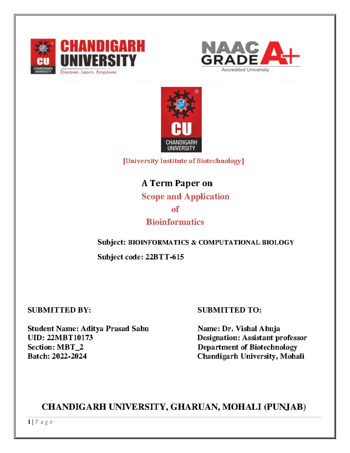 22MBT10173 ( Aditya SAHU ) Bioinformatics TERM Paper - [University ...
