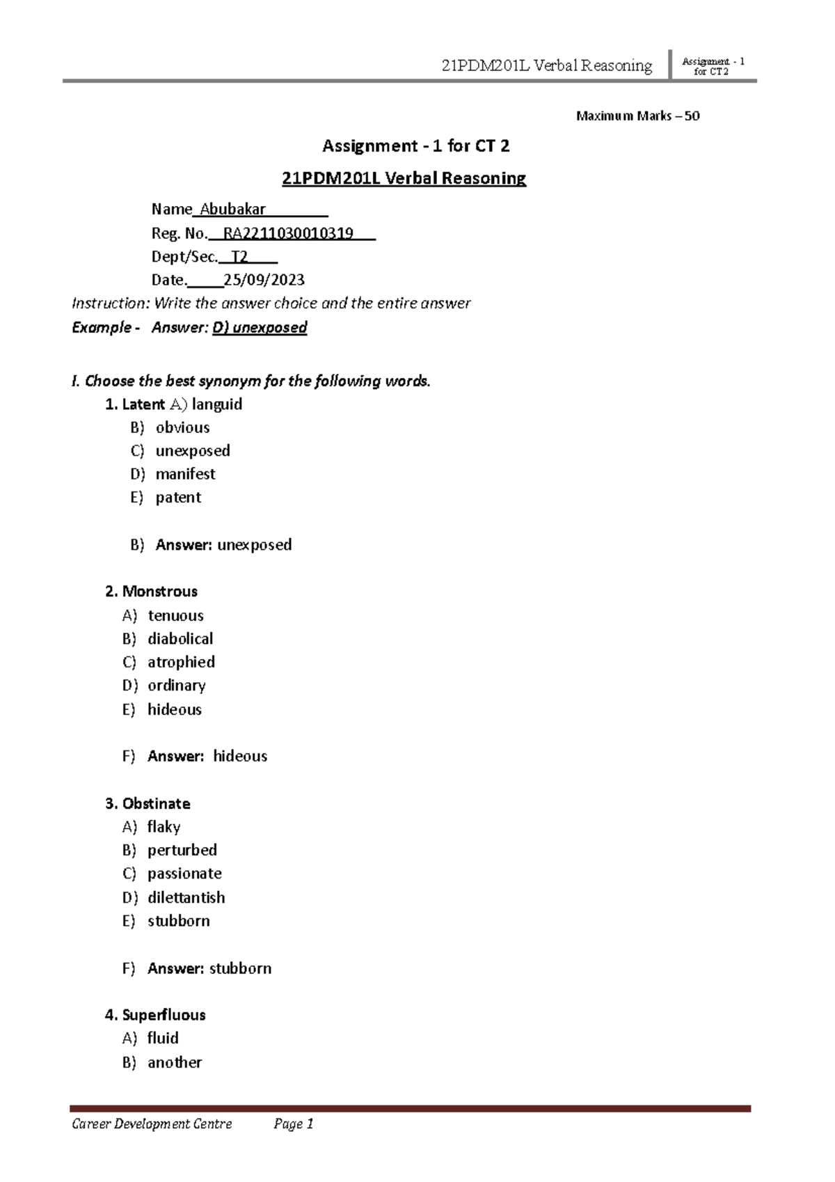 Assignment 1 for CT 2 completed - Maximum Marks – 50 Assignment - 1 for CT 2 21PDM201L Verbal ...