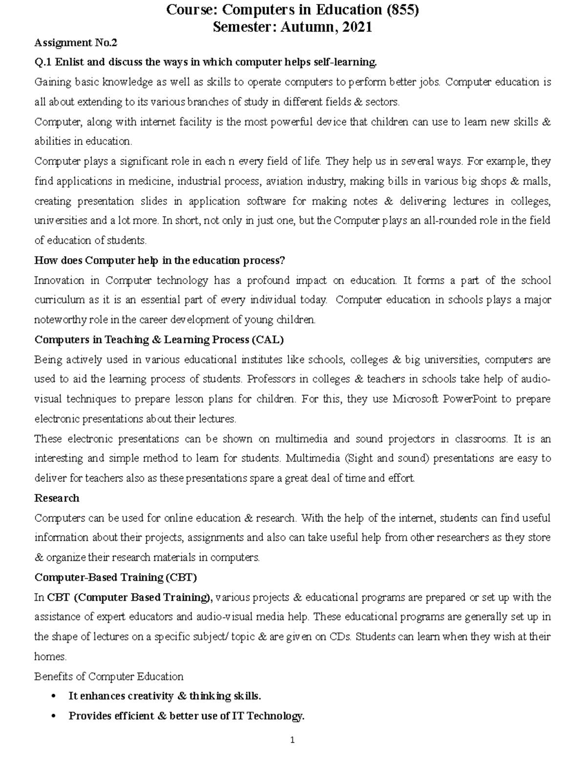 855-2 - good - Semester: Autumn, 2021 Assignment No. Q Enlist and ...