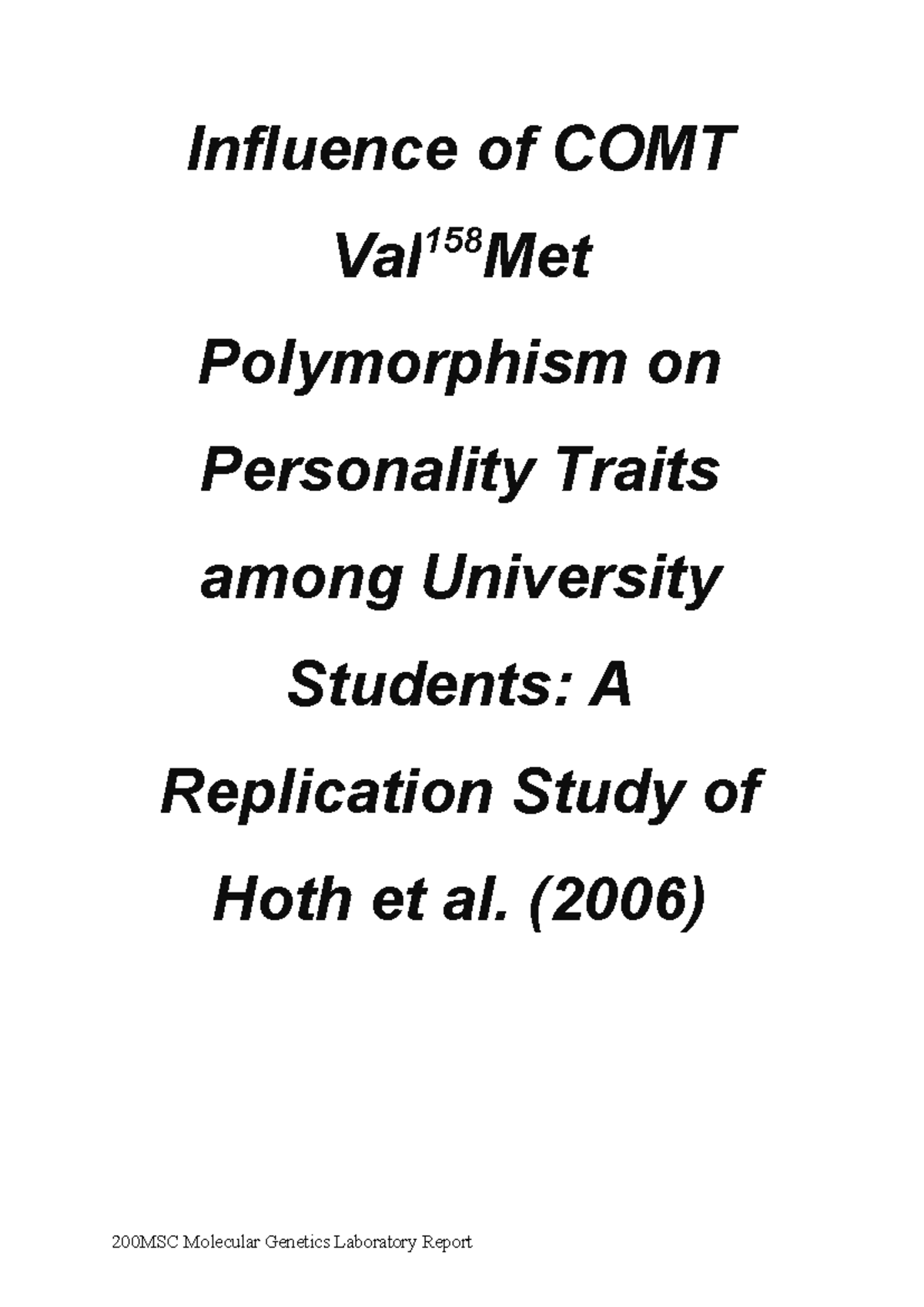 Influence of COMT Val158Met Polymorphism on Personality Traits among ...