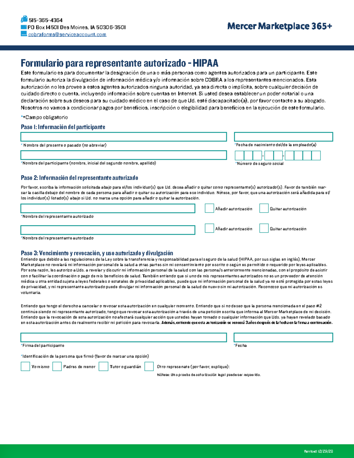 Authorized representative form spanish - Revised 12/29/ 515-365- PO Box ...