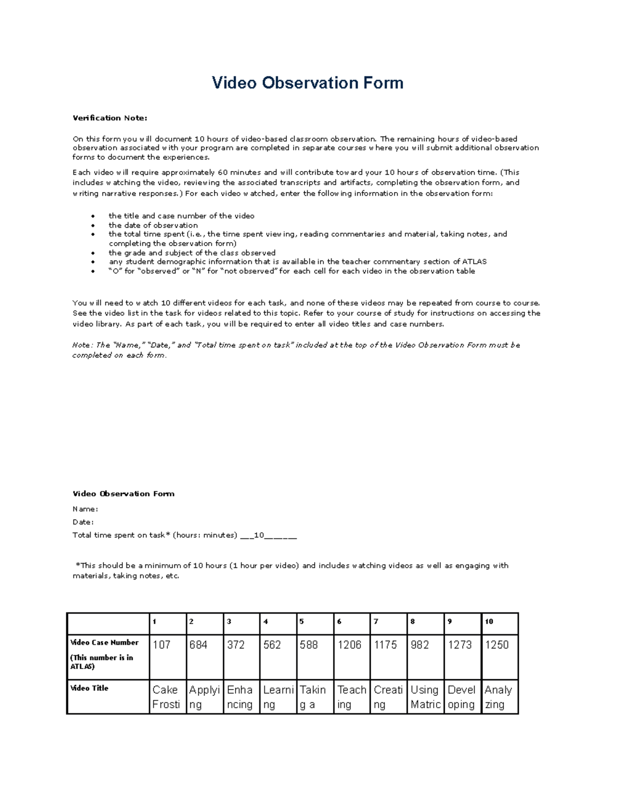 C572 - Task 4 - Video Observation Form Verification Note: On this form ...